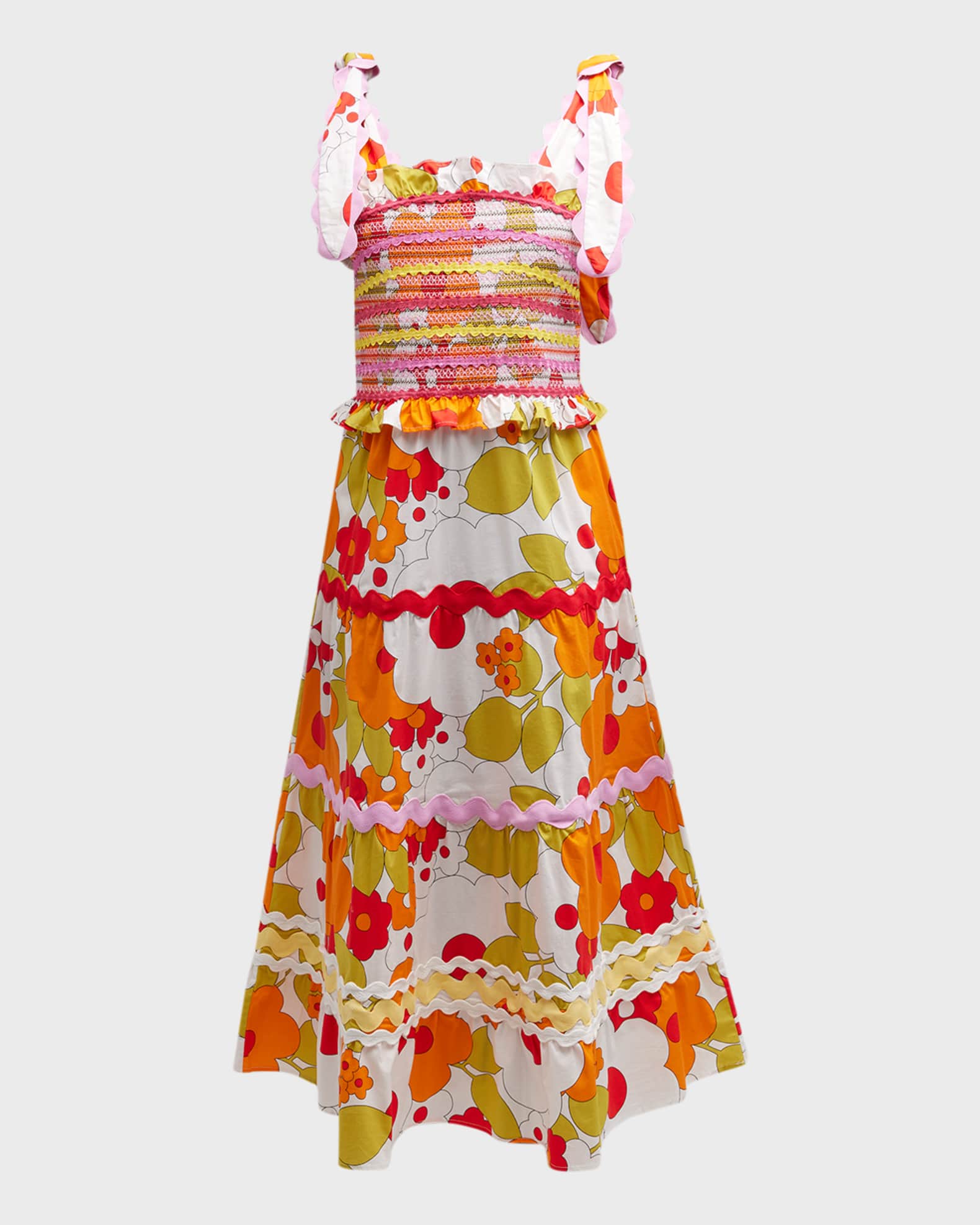 CELIAB Sunstone Floral Tie-Strap Ric Rac Midi Dress | Neiman Marcus