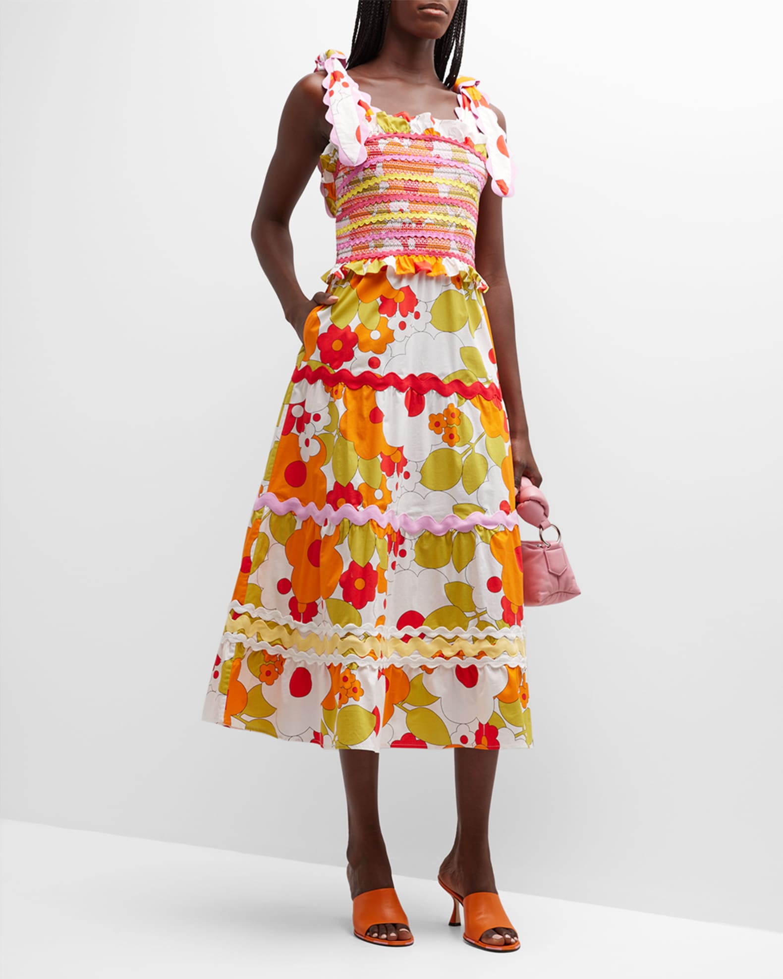 CELIAB Sunstone Floral Tie-Strap Ric Rac Midi Dress | Neiman Marcus