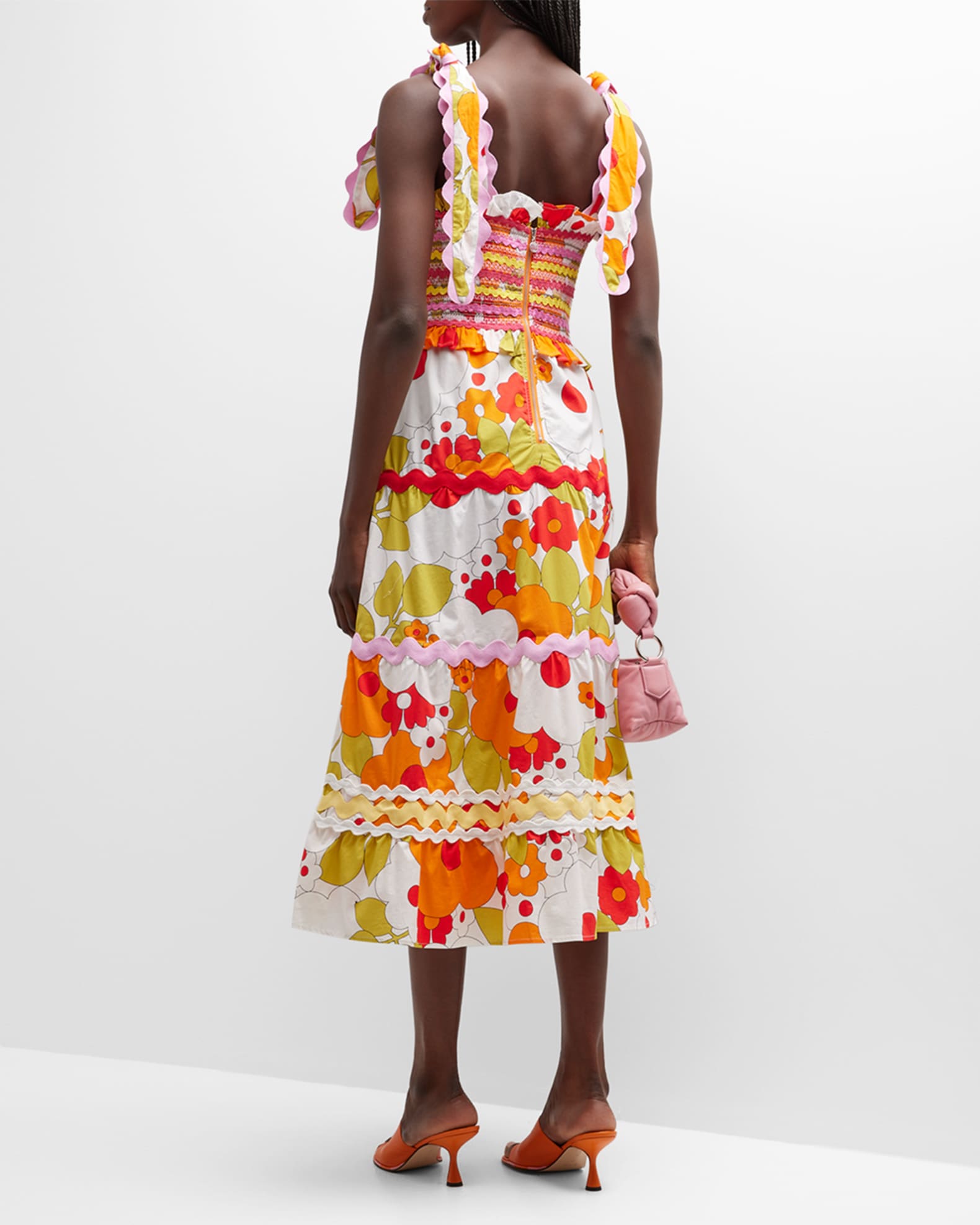 CELIAB Sunstone Floral Tie-Strap Ric Rac Midi Dress | Neiman Marcus