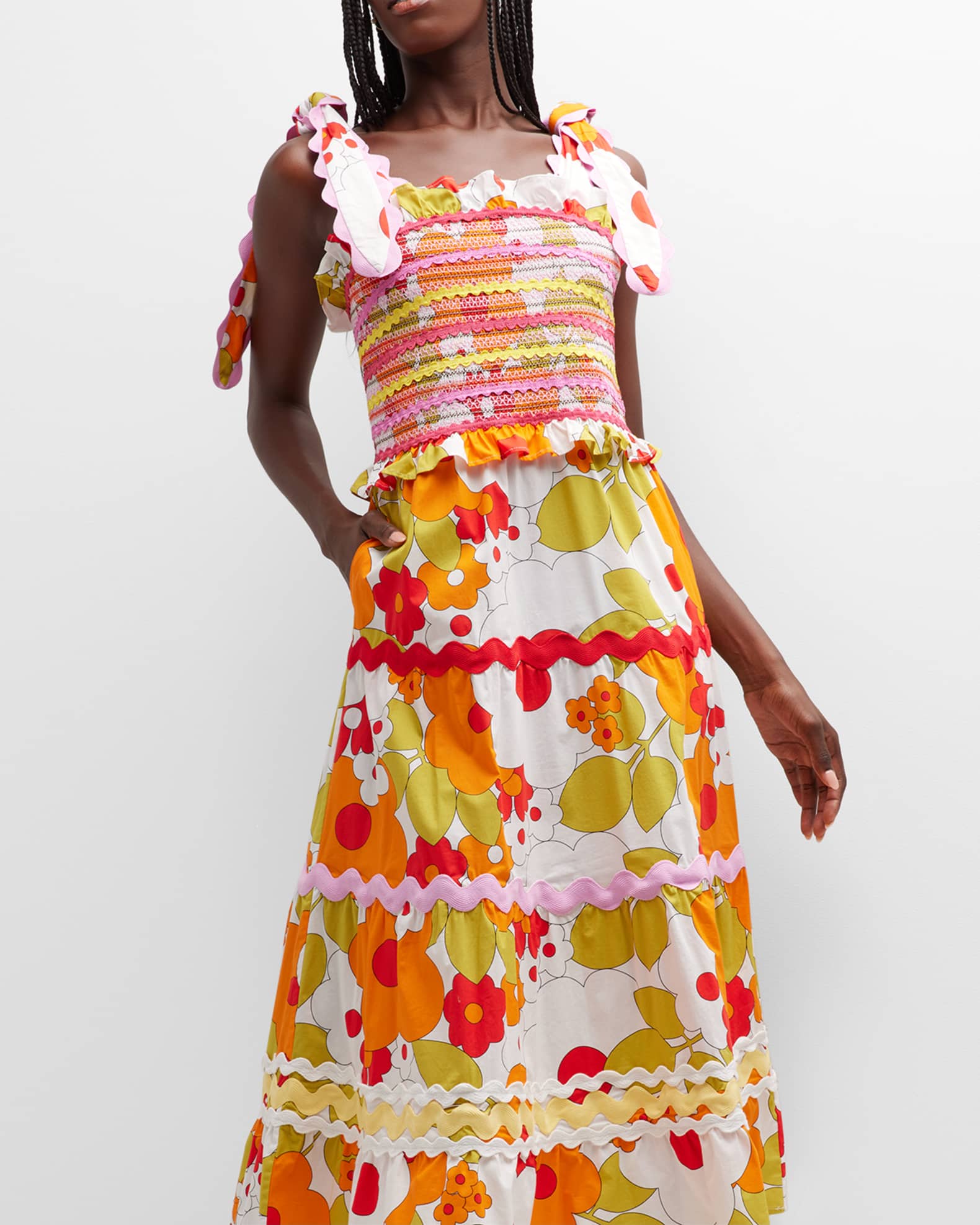 CELIAB Sunstone Floral Tie-Strap Ric Rac Midi Dress | Neiman Marcus