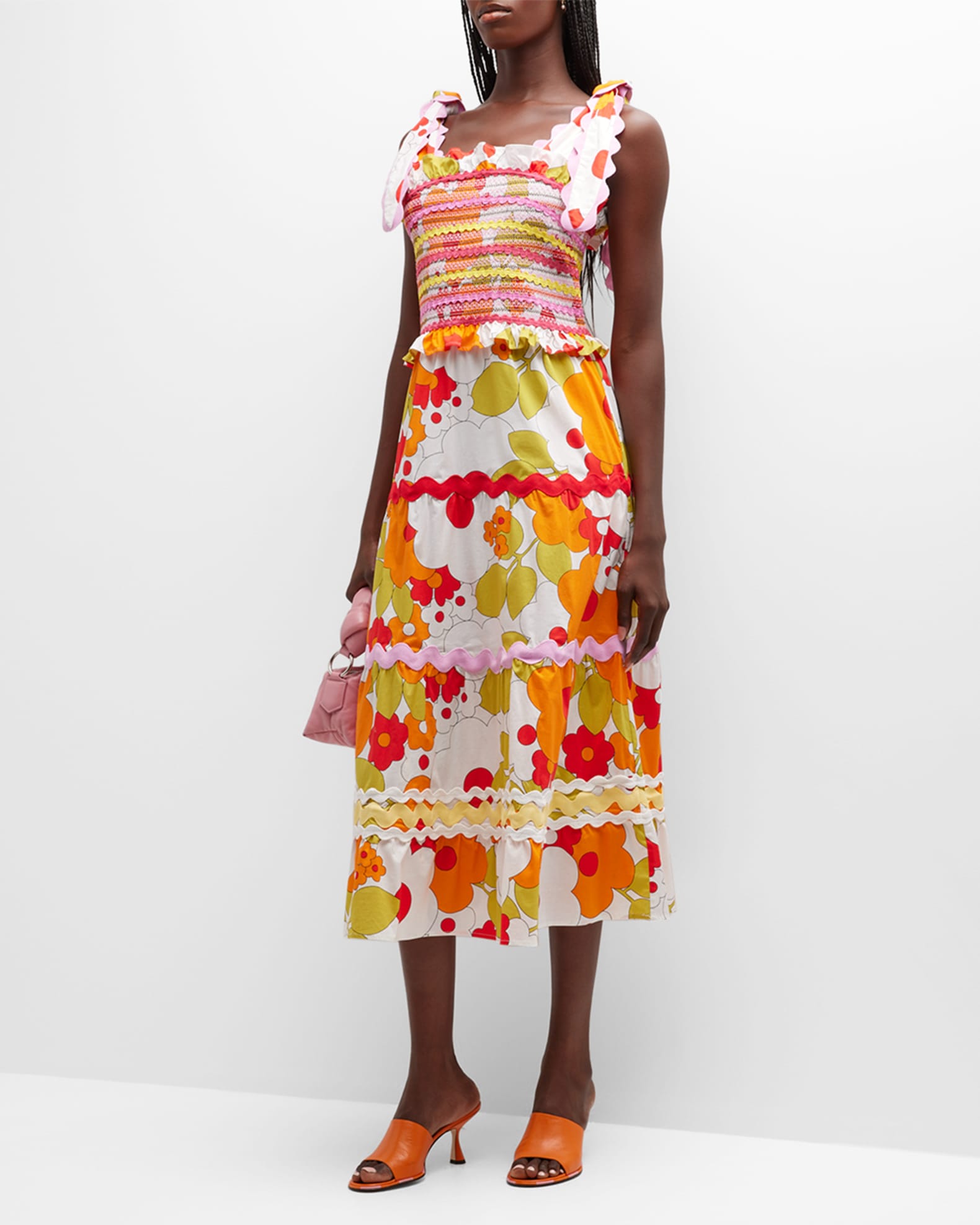 CELIAB Sunstone Floral Tie-Strap Ric Rac Midi Dress | Neiman Marcus