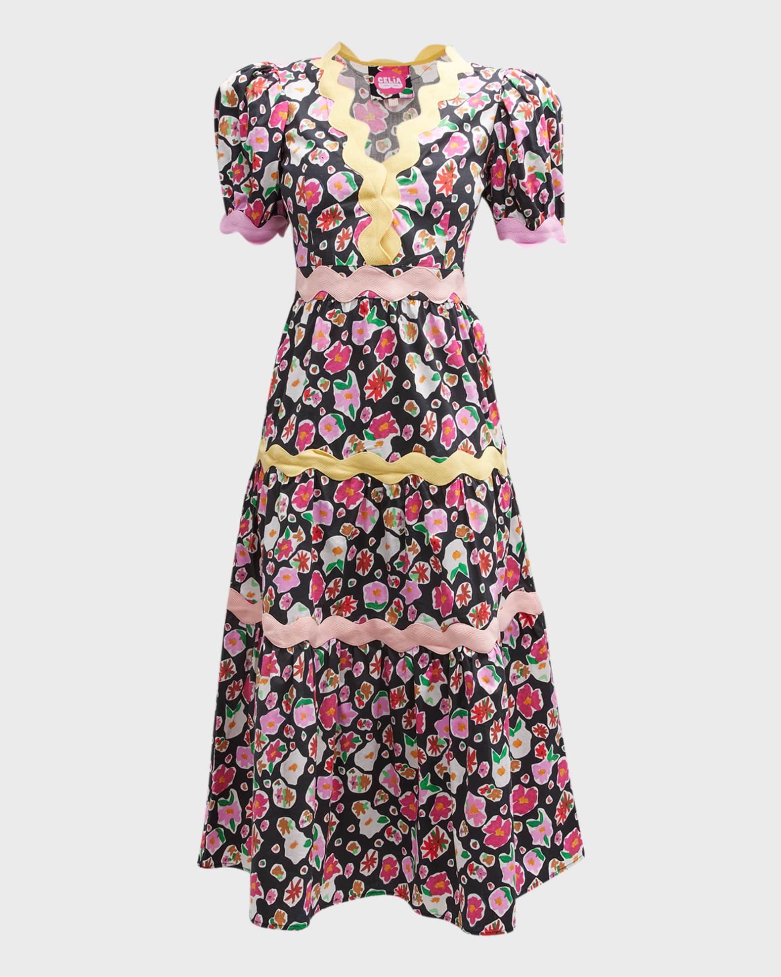 CELIAB Hessonite Tiered Floral Ric Rac Trim Midi Dress | Neiman Marcus