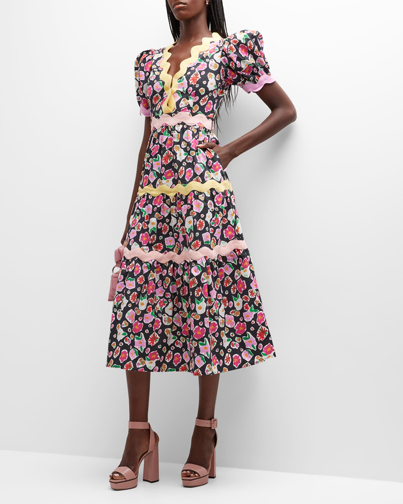CELIAB Hessonite Tiered Floral Ric Rac Trim Midi Dress | Neiman Marcus