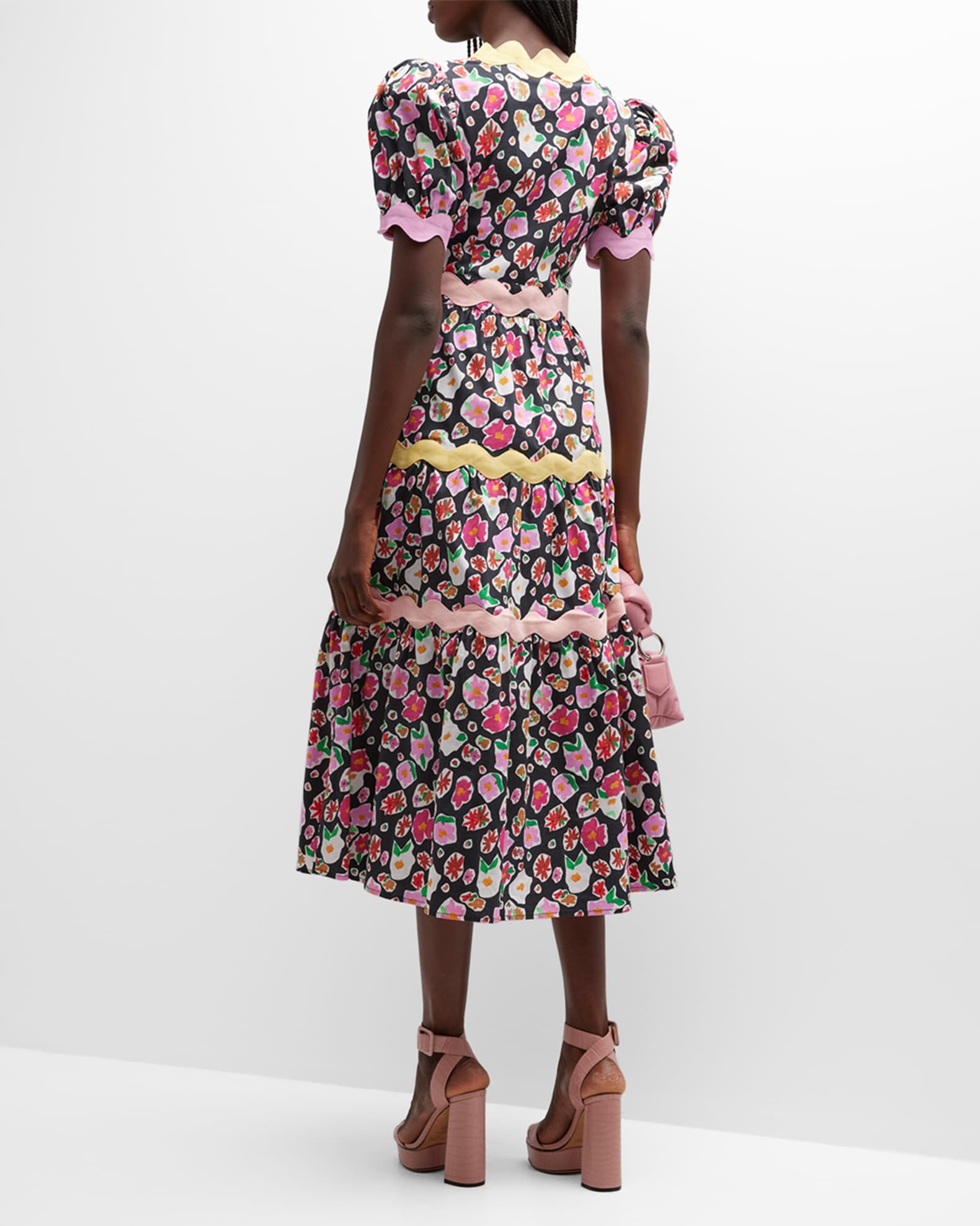 CELIAB Hessonite Tiered Floral Ric Rac Trim Midi Dress | Neiman Marcus