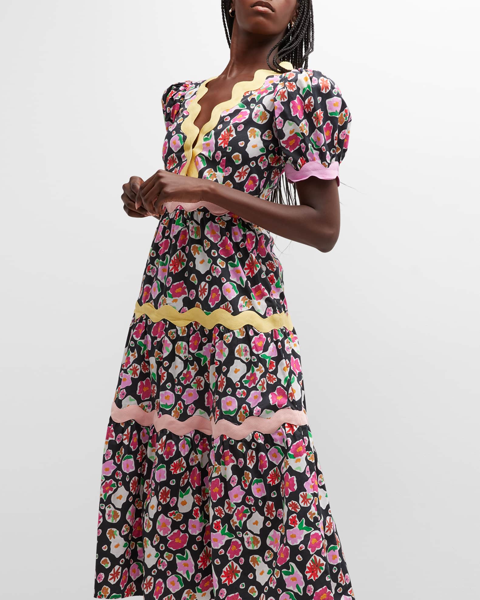 CELIAB Hessonite Tiered Floral Ric Rac Trim Midi Dress | Neiman Marcus