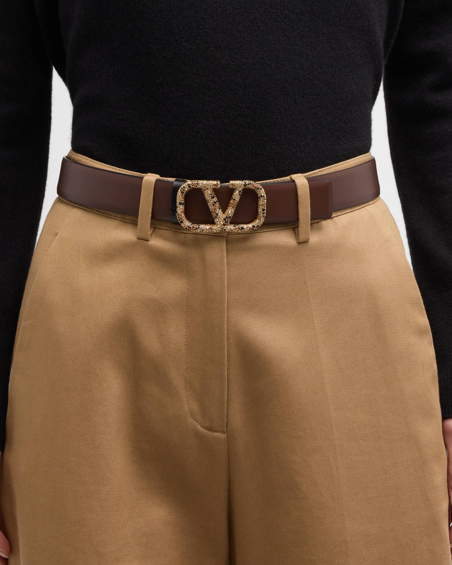 Valentino Garavani Crystal V-Logo Leather Belt | Neiman Marcus