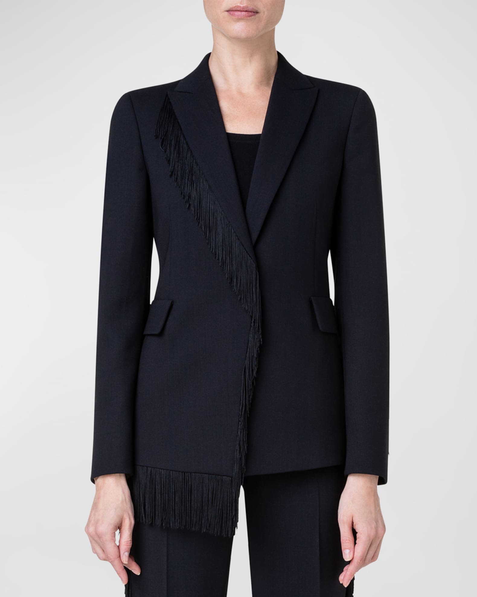 Akris Punto Wool Crepe Blazer Jacket With Intarsia Fringe Detail