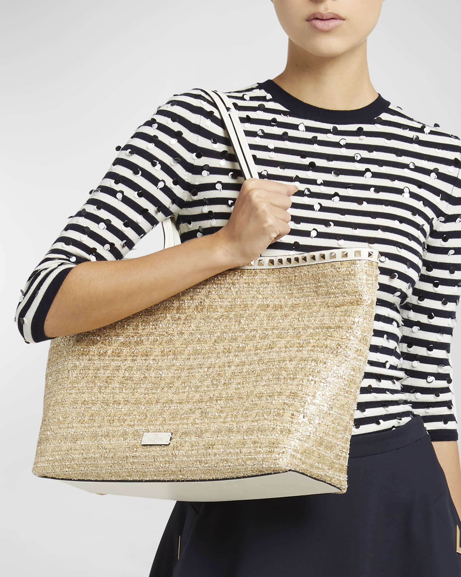 Valentino Garavani Rockstud Boucle Metallic Raffia Tote Bag | Neiman Marcus