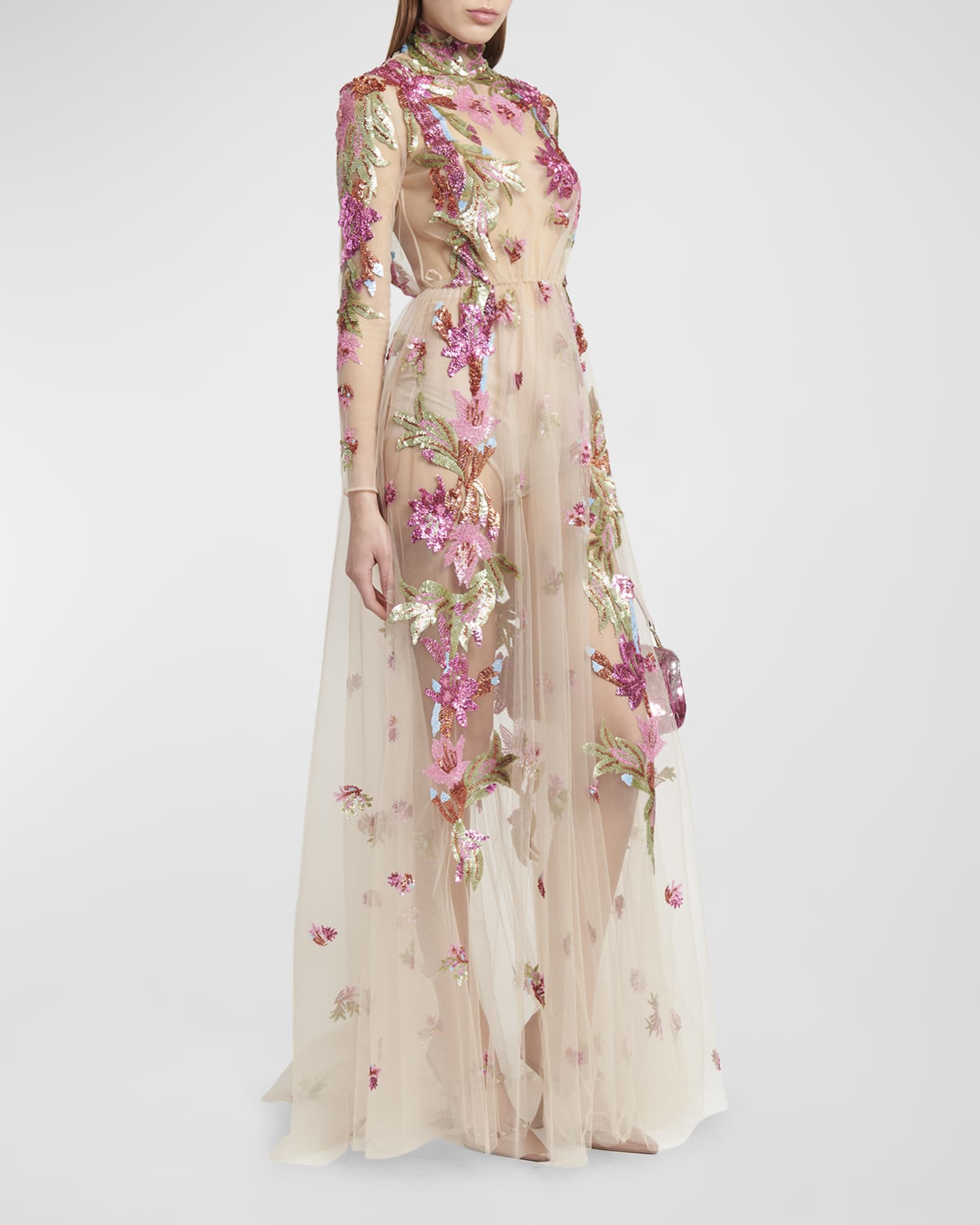 Valentino Garavani Embroidered Tulle Illusion Gown with Floral Details ...