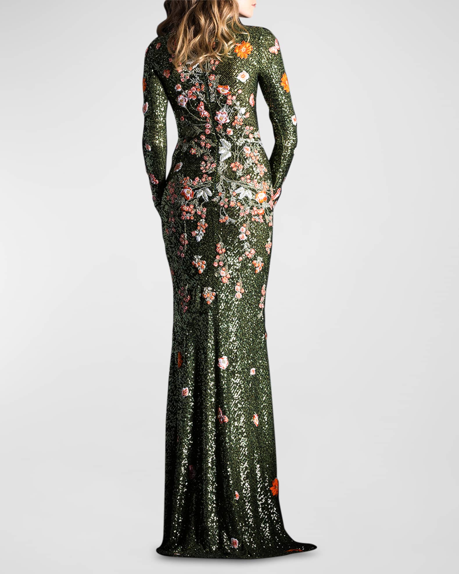 Naeem Khan Floral-Embroidered Sequin High-Neck Gown | Neiman Marcus