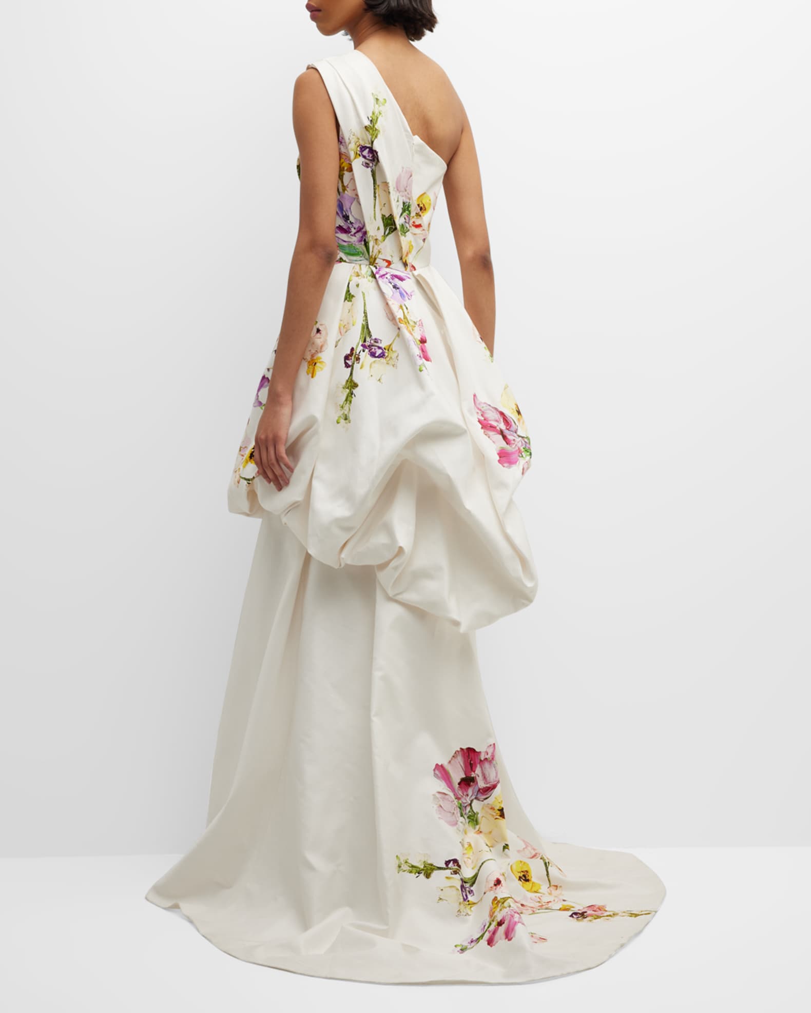 Monique Lhuillier One-Shoulder Botanical-Print Bustle Gown | Neiman Marcus