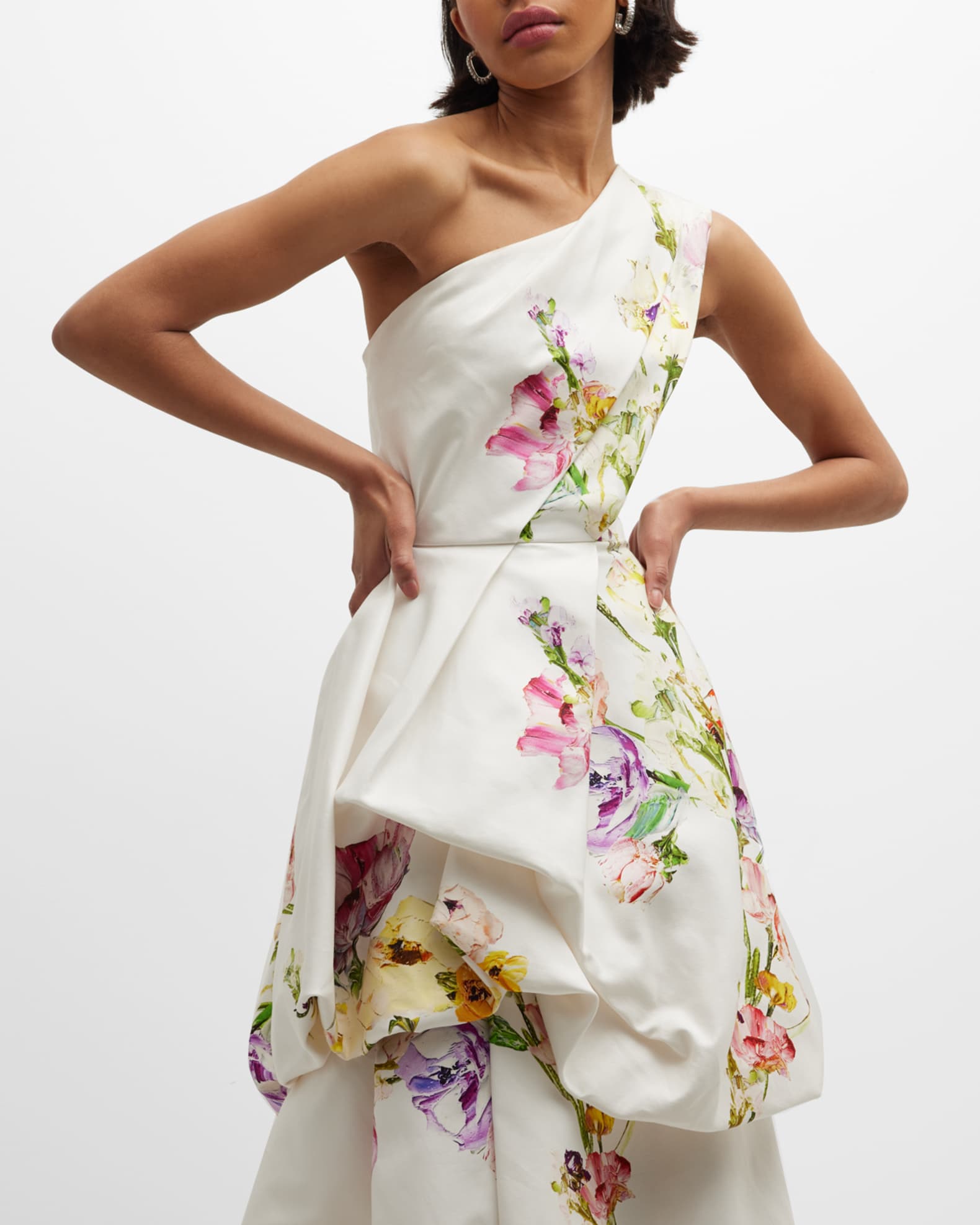 Monique Lhuillier One-Shoulder Botanical-Print Bustle Gown | Neiman Marcus