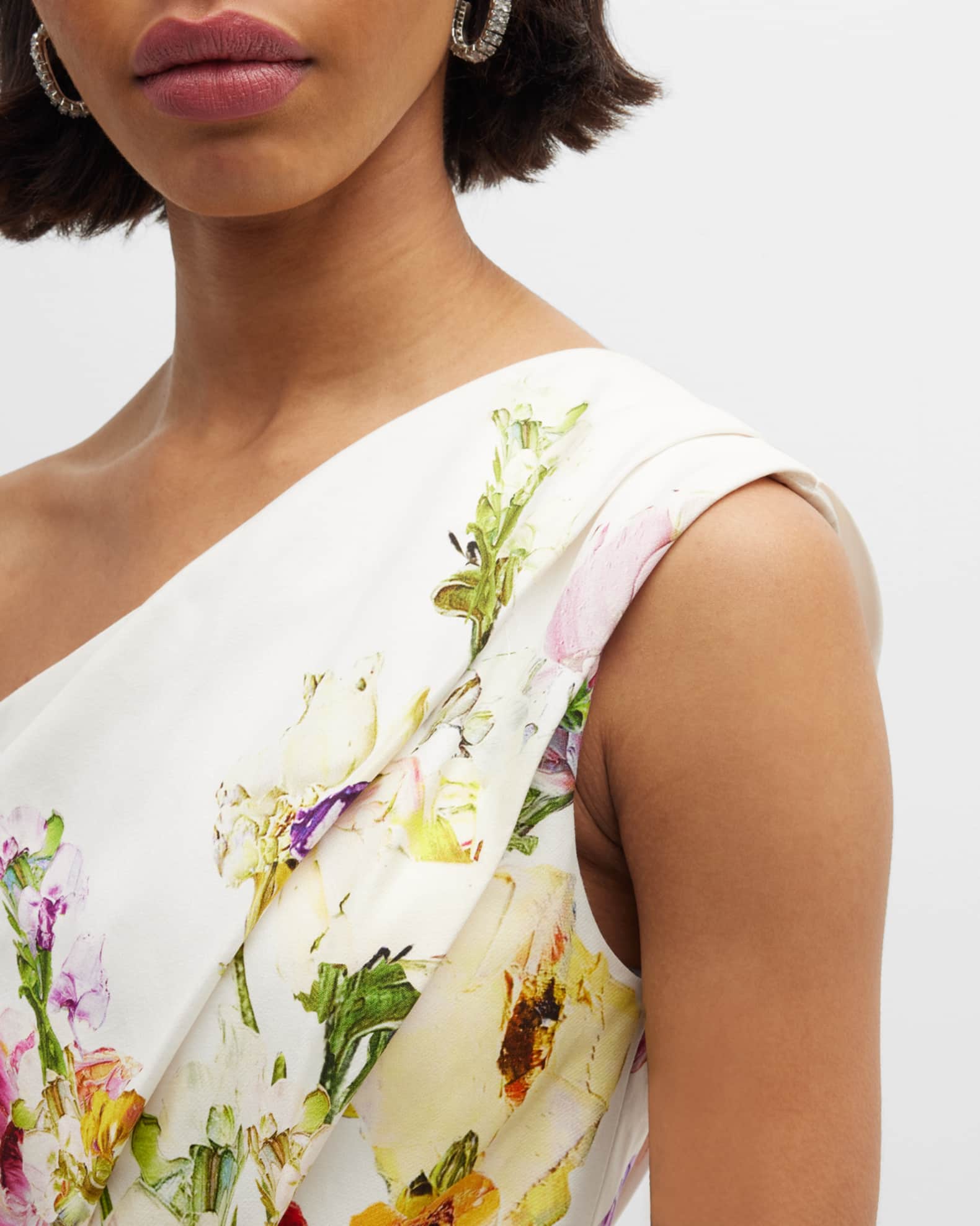 Monique Lhuillier One-Shoulder Botanical-Print Bustle Gown | Neiman Marcus