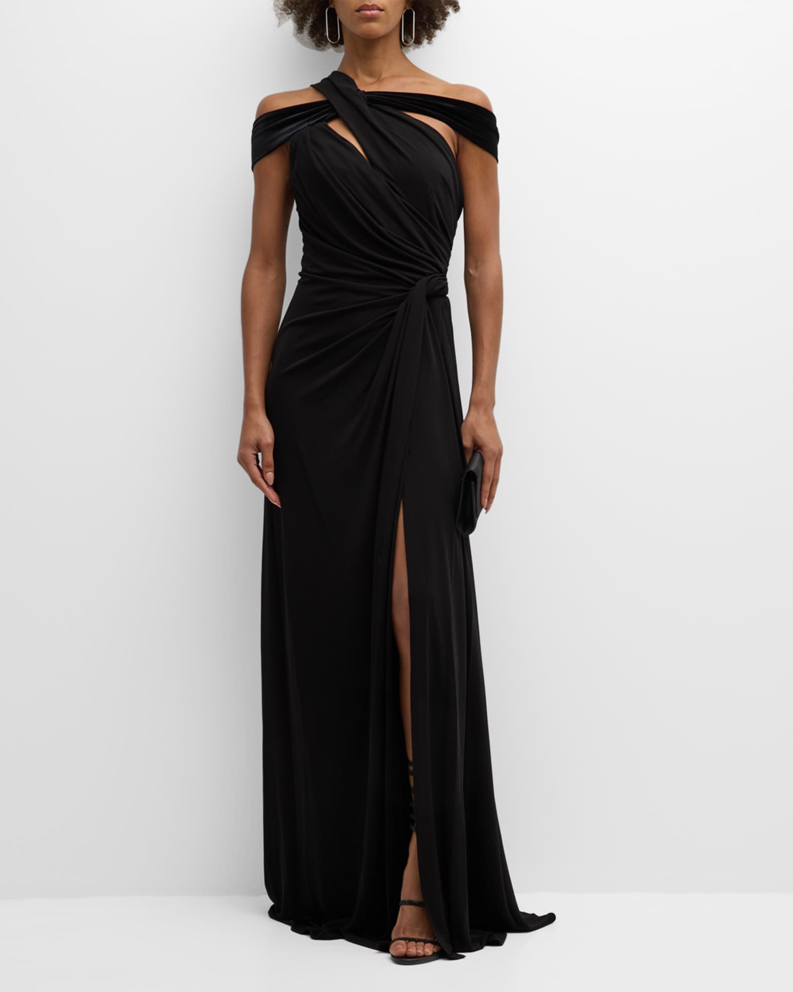 Monique Lhuillier Off-the-Shoulder Draped Side Slit Gown | Neiman Marcus