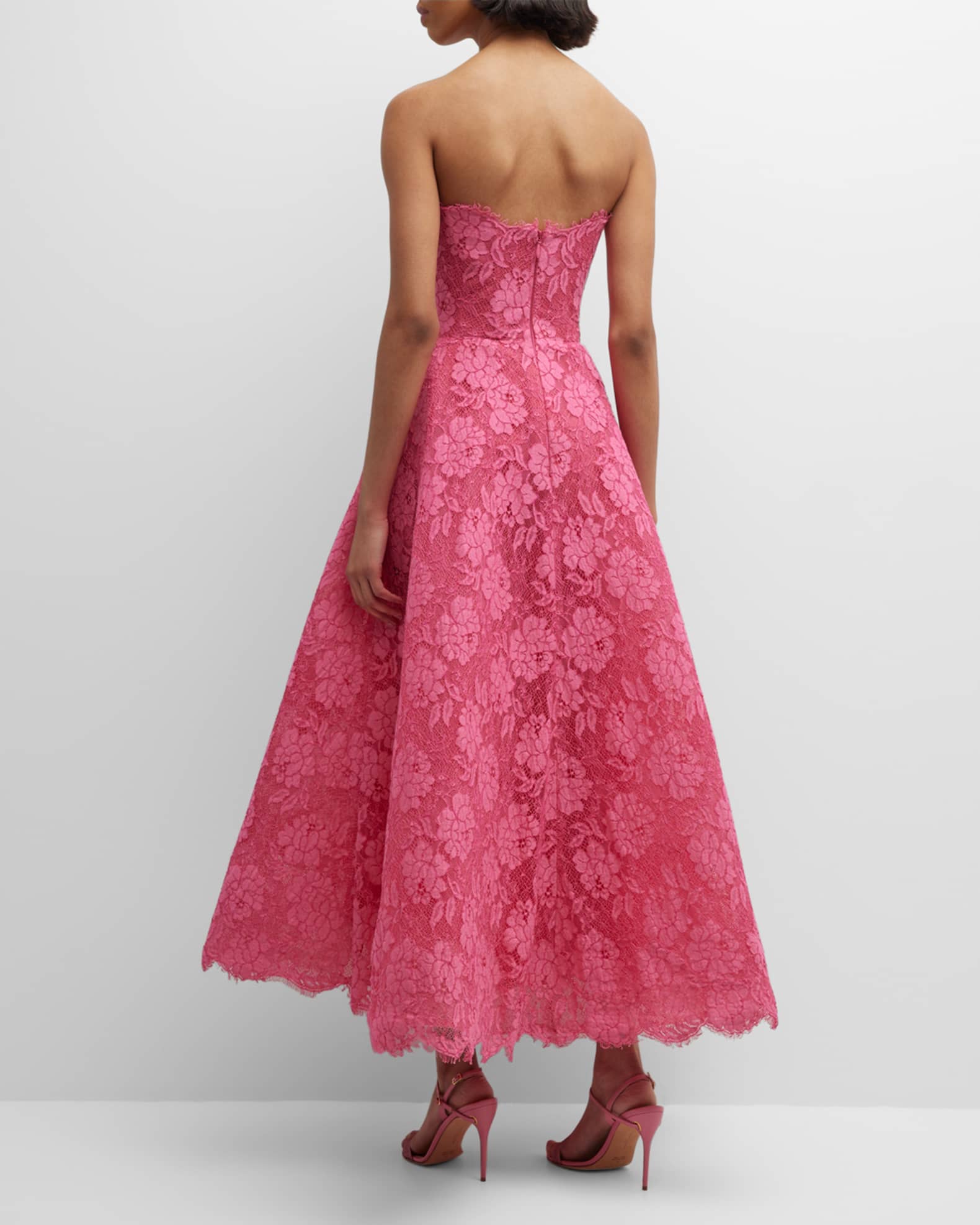 Monique Lhuillier Strapless Lace Tea-Length Dress | Neiman Marcus