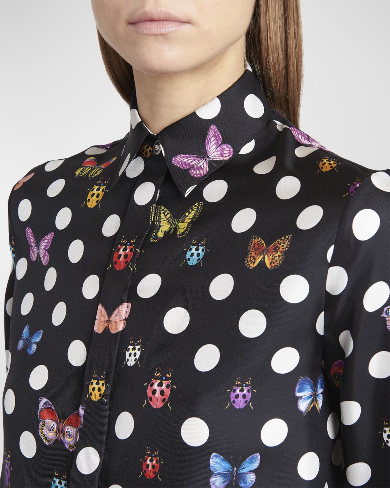 Versace x Dua Lipa Formal Button-Front Silk Shirt with Polka Dot Print ...