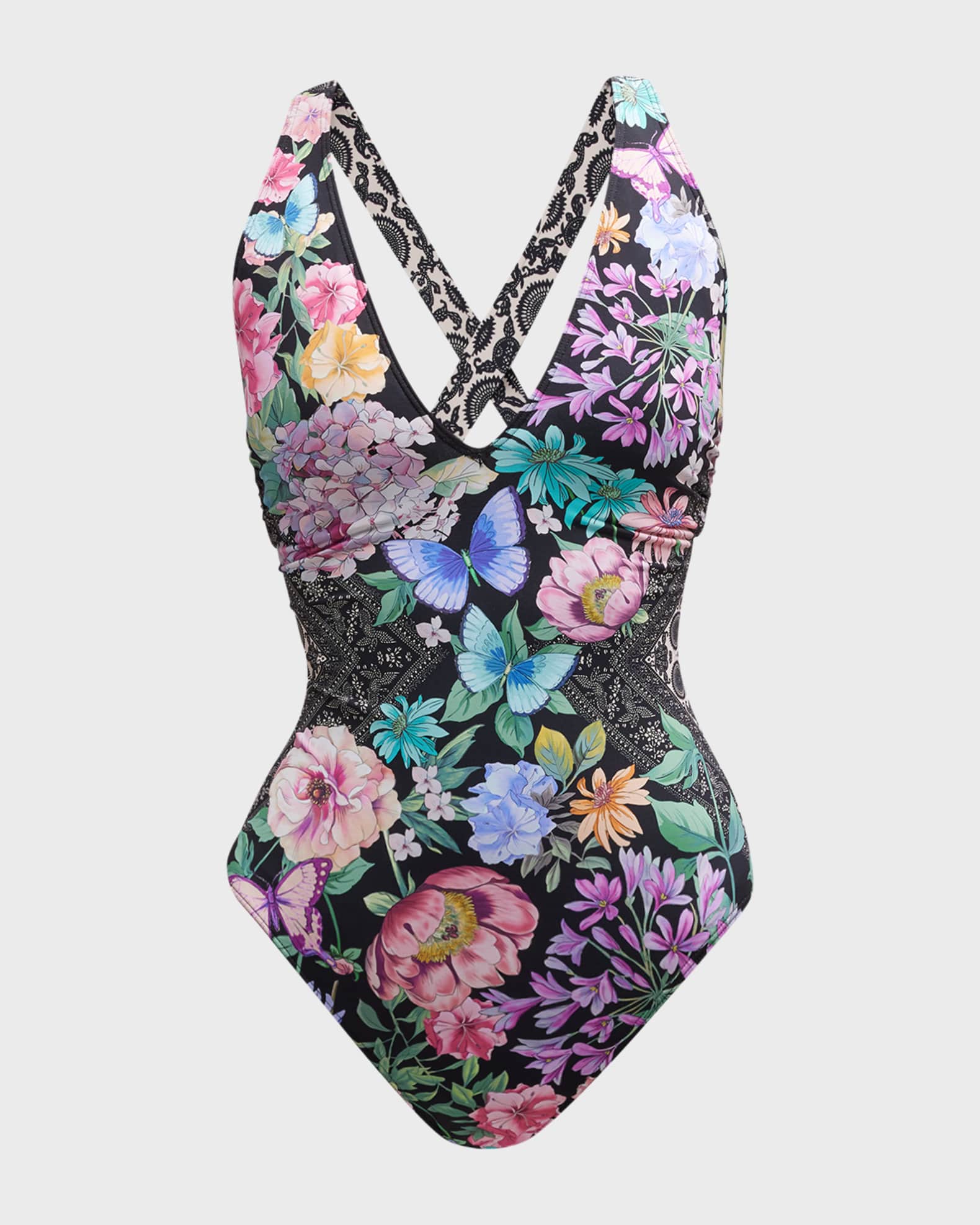 Johnny Was Plus Size Cross-Back One-Piece Swimsuit | Neiman Marcus