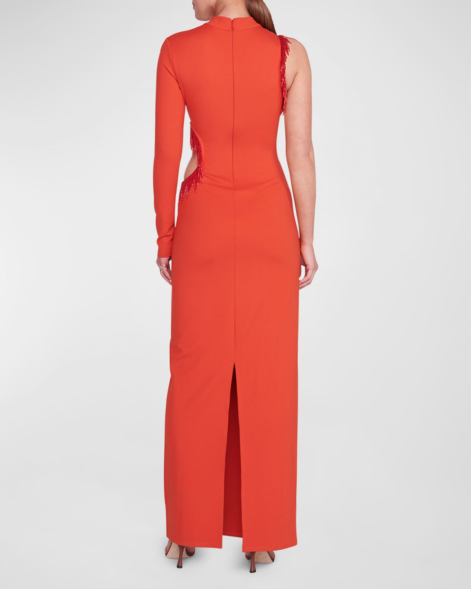 Staud Kirsten One-Sleeve Cut-Out Fringed Column Maxi Dress | Neiman Marcus