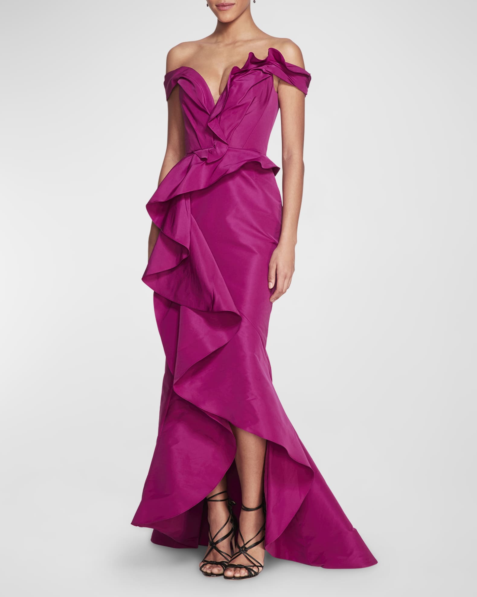 Marchesa Plunging Off-The-Shoulder Ruffle Faille Gown | Neiman Marcus