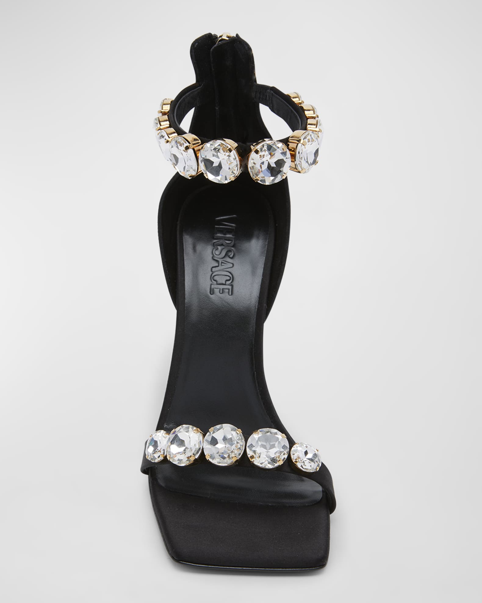 Versace 110mm Crystal-Embellished Silk Stiletto Sandals | Neiman Marcus