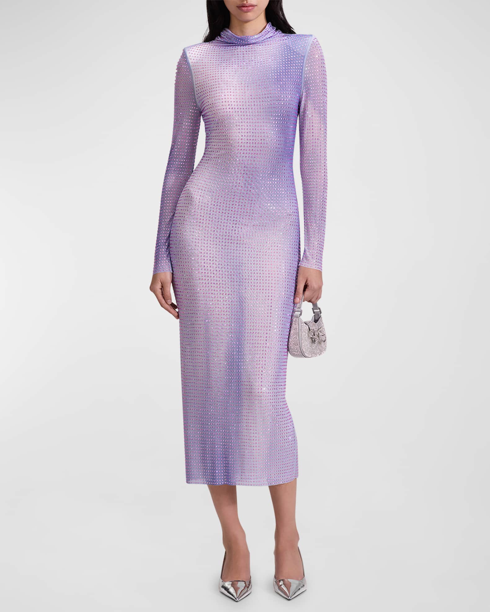 Self-Portrait Rhinestone Contour-Print Mock-Neck Midi Dress | Neiman Marcus