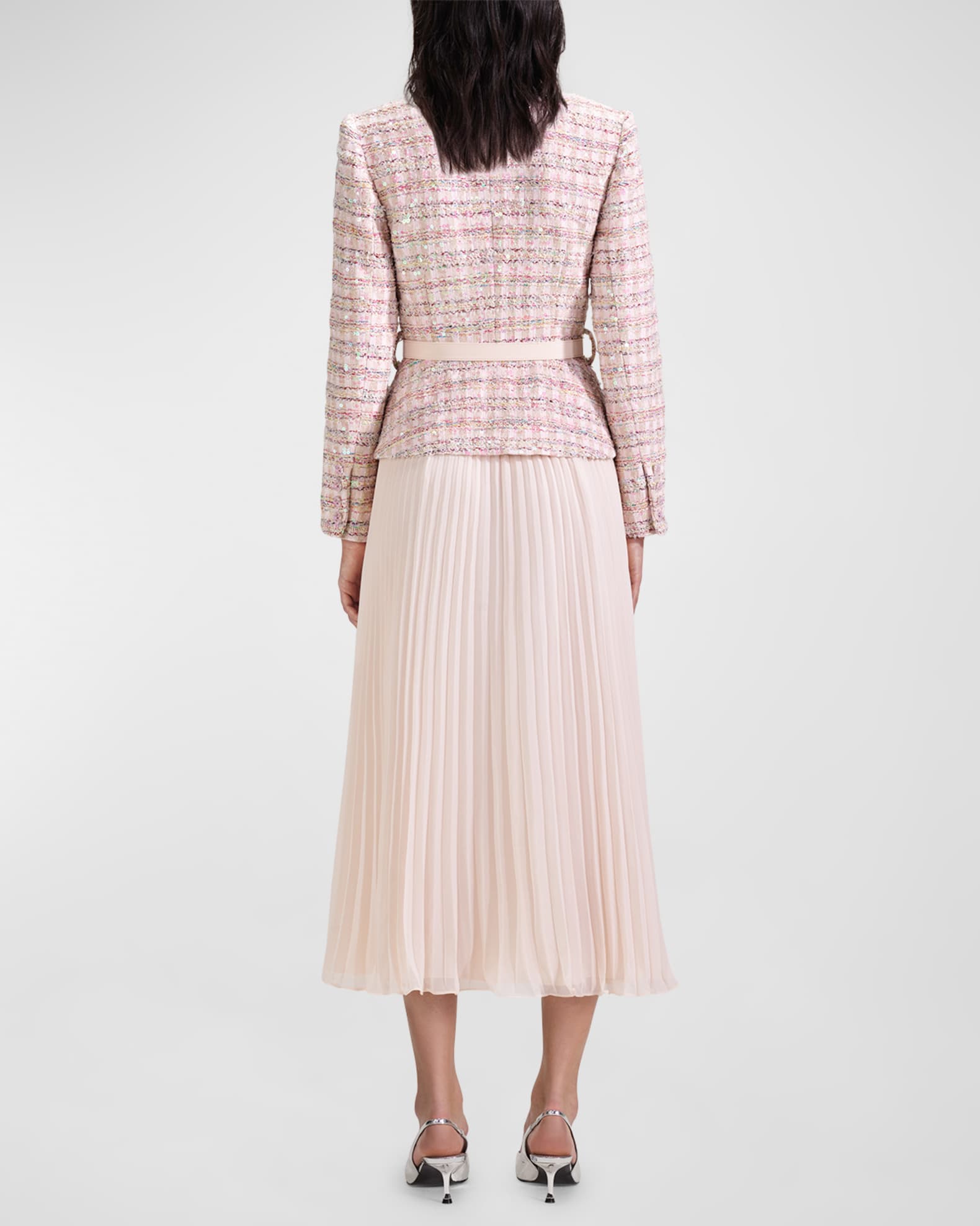 Self-Portrait Sequin Bouclé Suiting & Chiffon Belted Combo Midi Dress ...