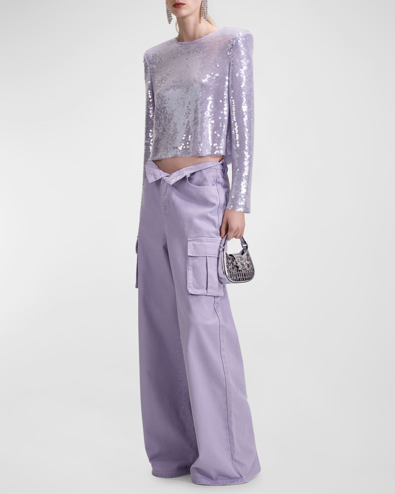 Self-Portrait Sequin Long-Sleeve Crop Top | Neiman Marcus