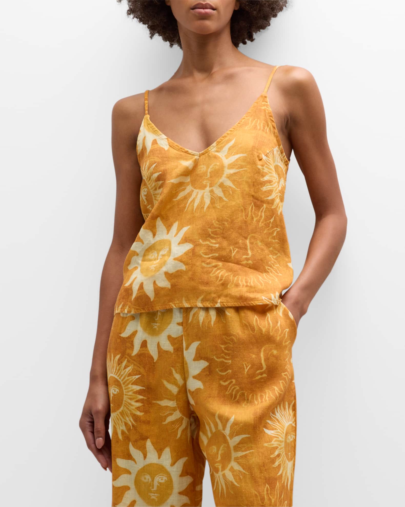 Desmond & Dempsey Cropped Sun-Print Linen Pajama Set | Neiman Marcus