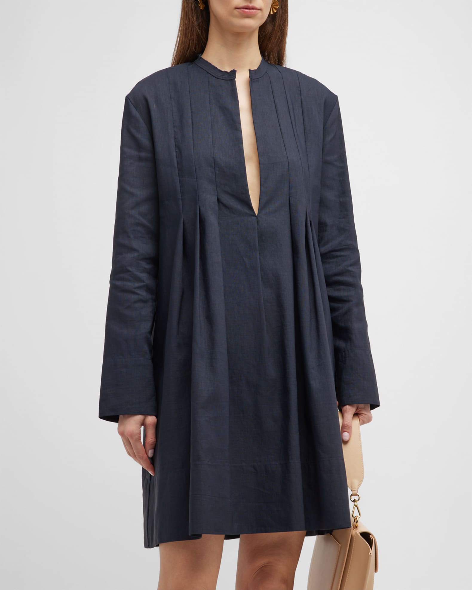 Vince Pleated Long-Sleeve Mini Trapeze Dress | Neiman Marcus