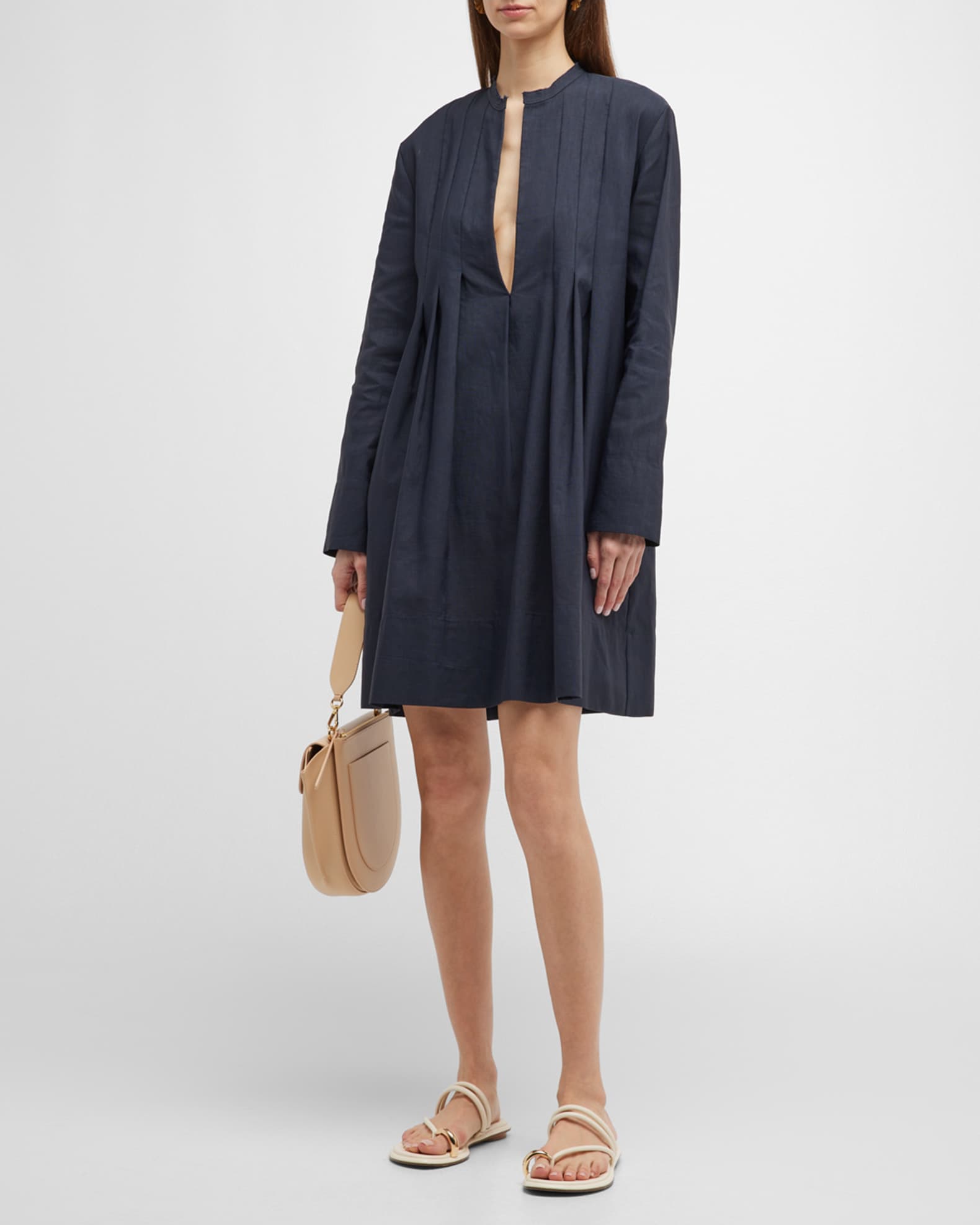 Vince Pleated Long-Sleeve Mini Trapeze Dress | Neiman Marcus