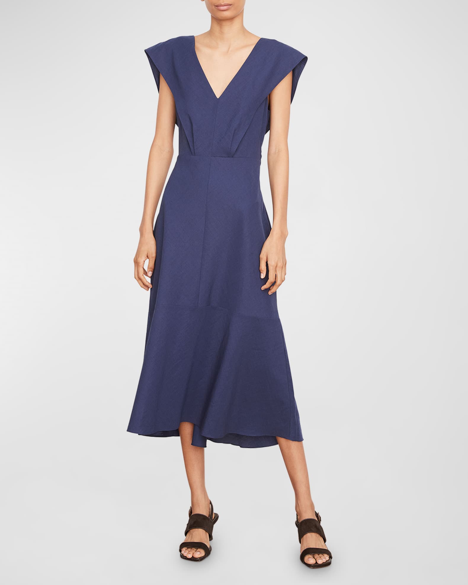 Vince V-Neck Tie-Back Flutter-Sleeve Midi Dress | Neiman Marcus