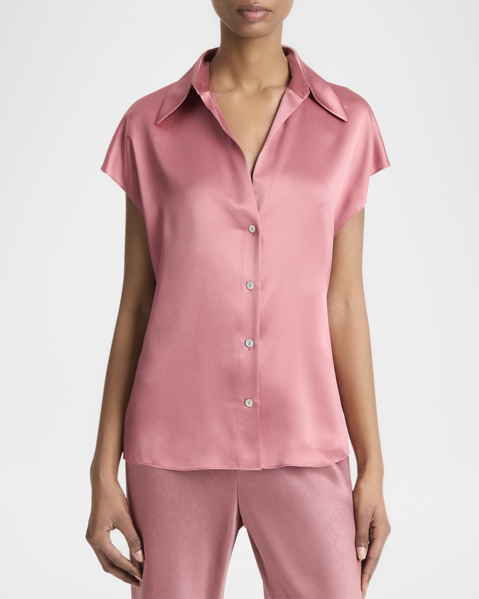 Cap-Sleeve Ruched-Back Silk Blouse | Neiman Marcus