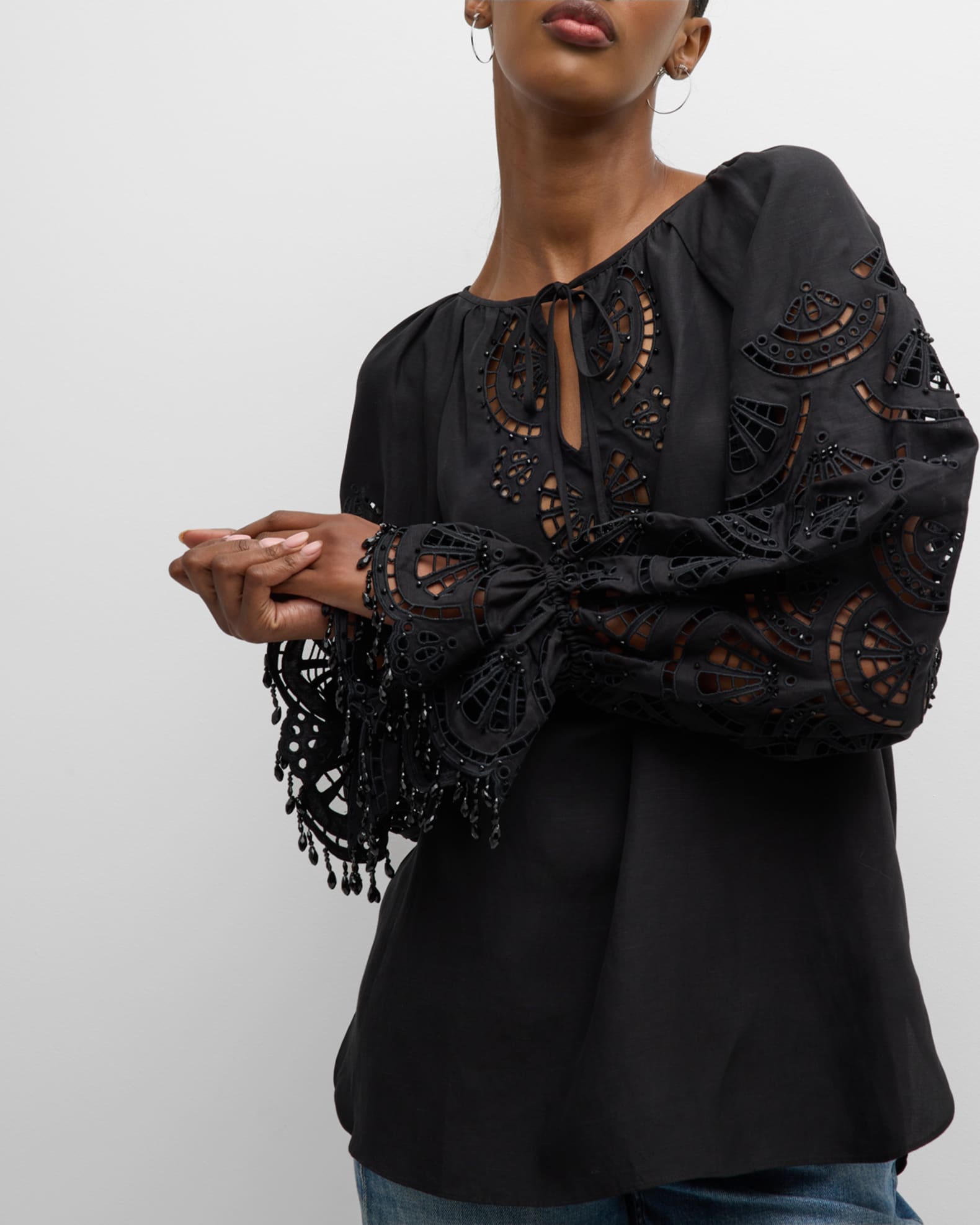 Kobi Halperin Simi Beaded Cutout Blouson-Sleeve Blouse | Neiman Marcus