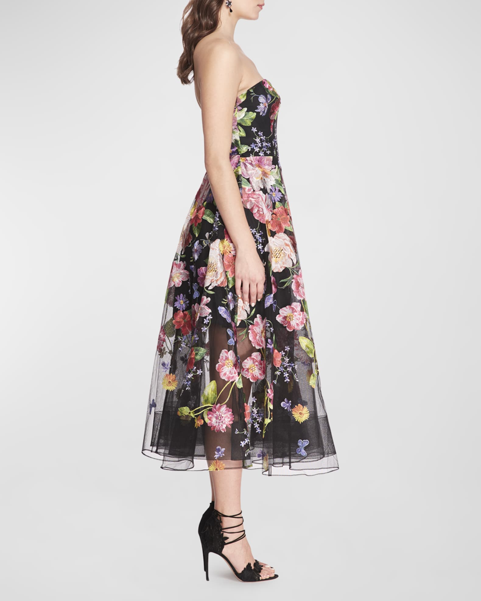 Marchesa Notte Strapless Floral-Embroidered Tulle Midi Dress | Neiman ...