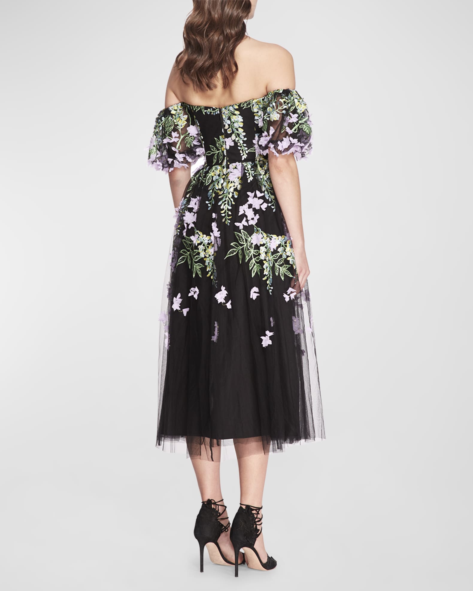 Marchesa Notte Off-Shoulder Embroidered Tulle Midi Dress | Neiman Marcus