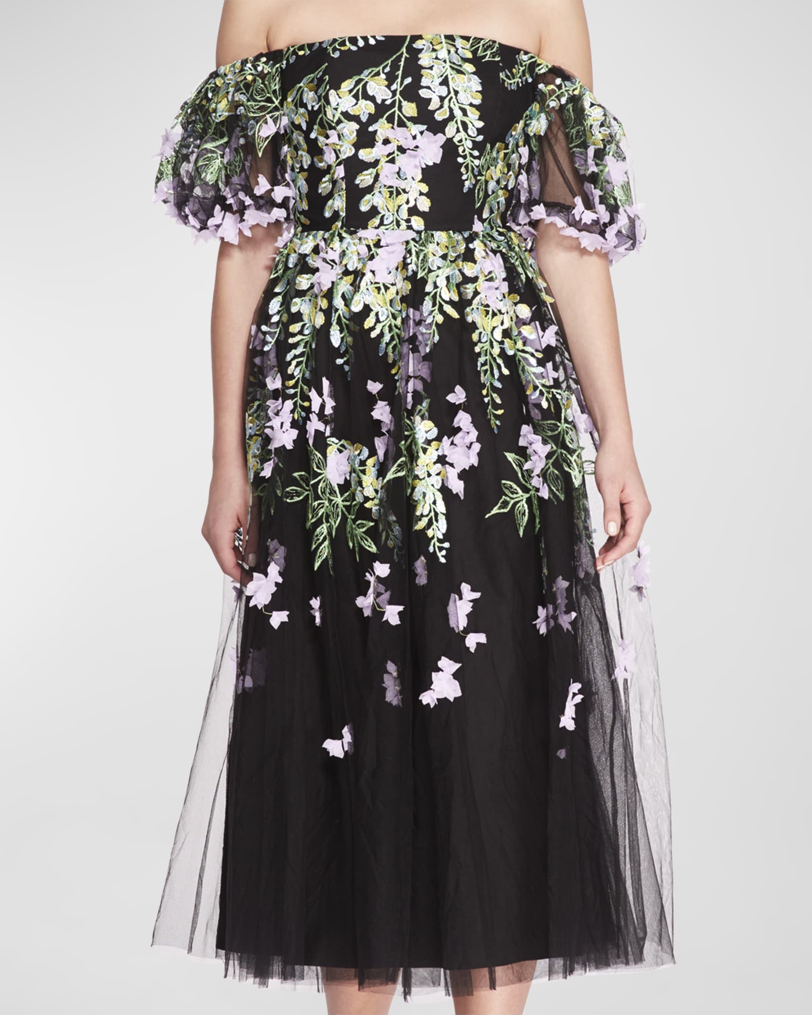 Marchesa Notte Off-Shoulder Embroidered Tulle Midi Dress | Neiman Marcus