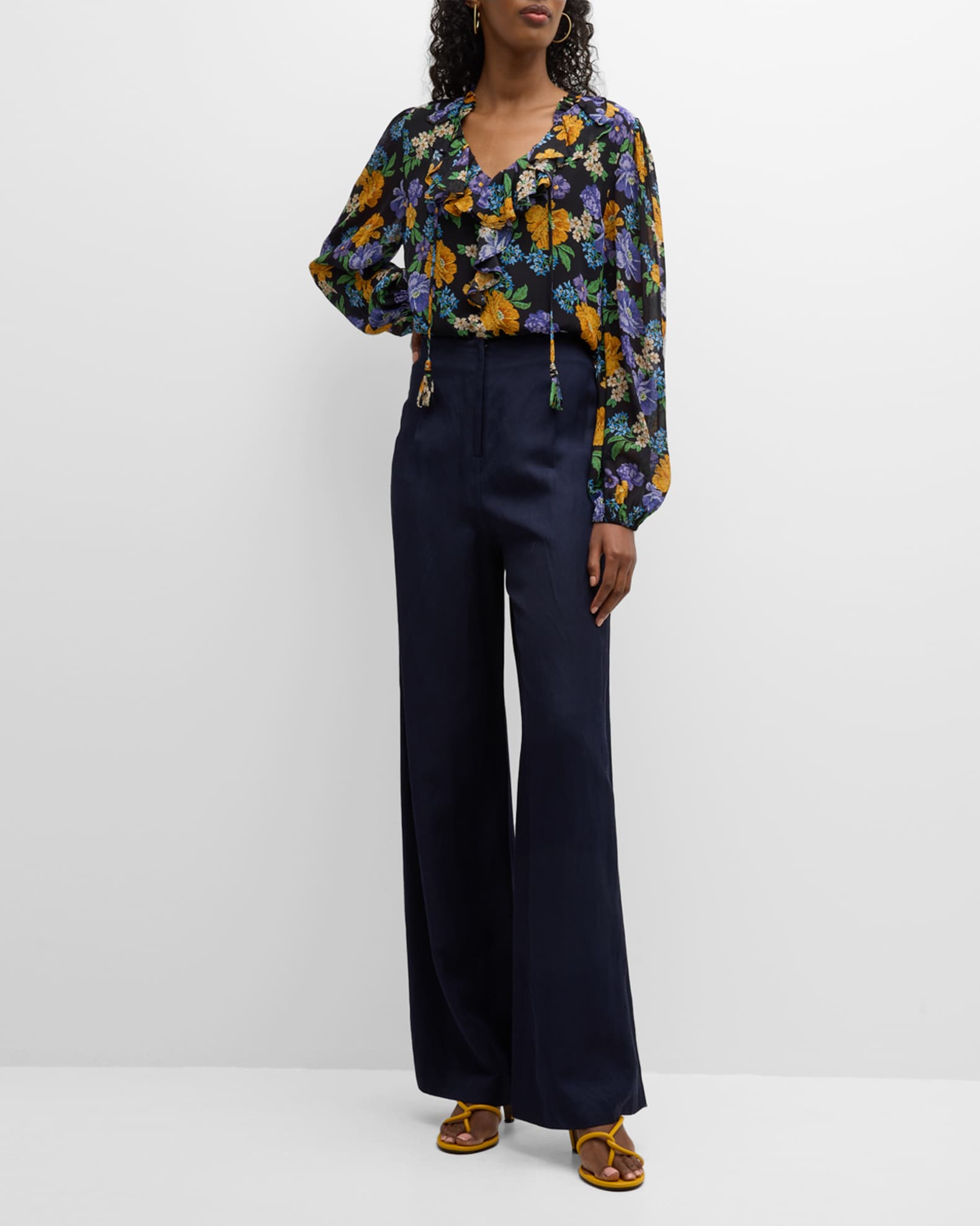 Kobi Halperin Caitlin Floral-Print Ruffle-Trim Chiffon Blouse | Neiman Marcus