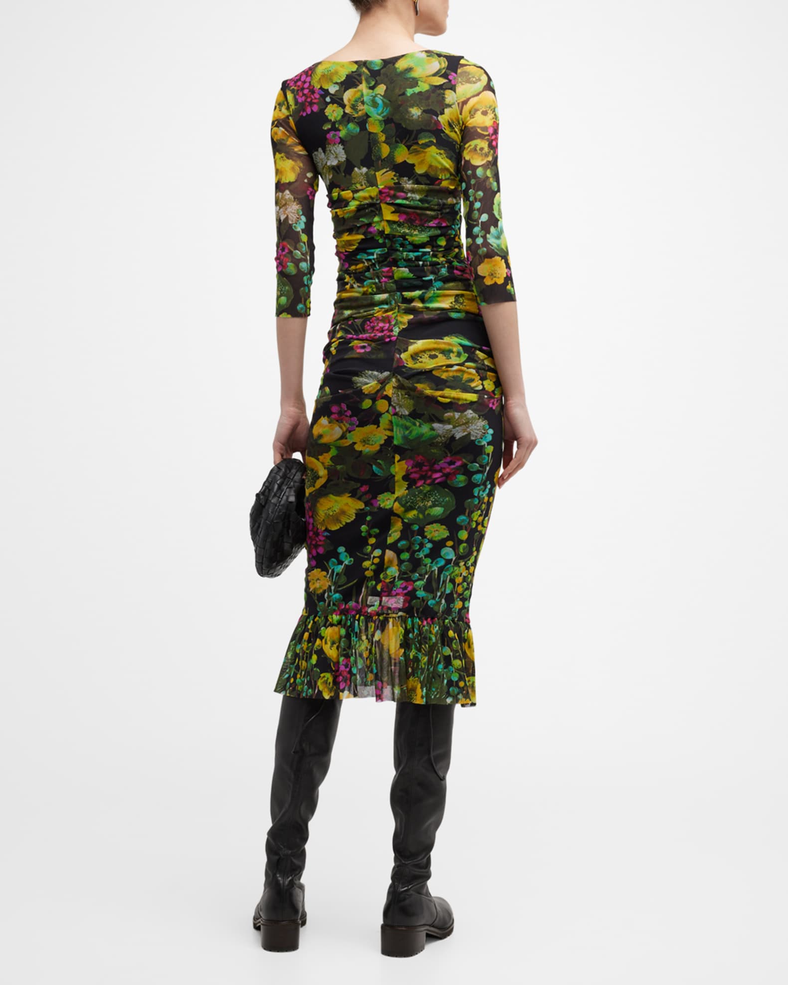 Fuzzi Ruched Floral-Print Tulle Midi Dress | Neiman Marcus