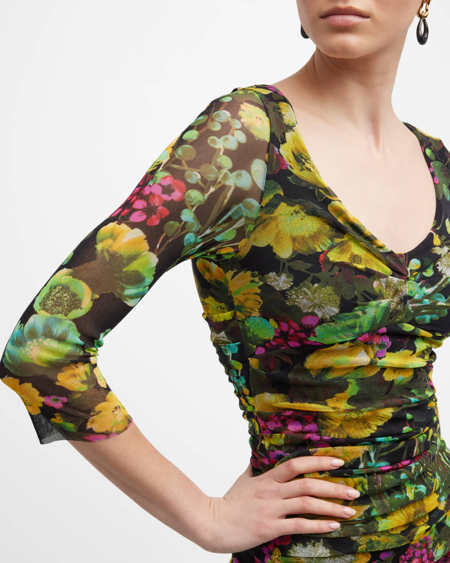 Fuzzi Ruched Floral-Print Tulle Midi Dress | Neiman Marcus