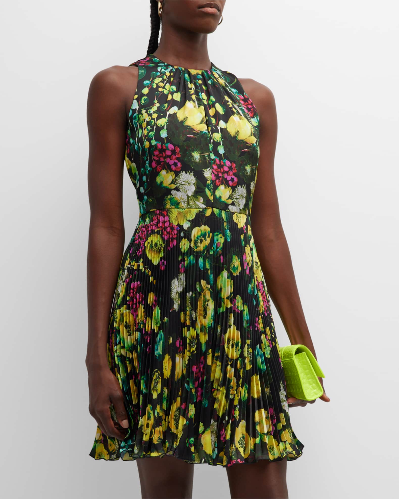 Fuzzi Sleeveless Pleated Floral-Print Mini Dress | Neiman Marcus