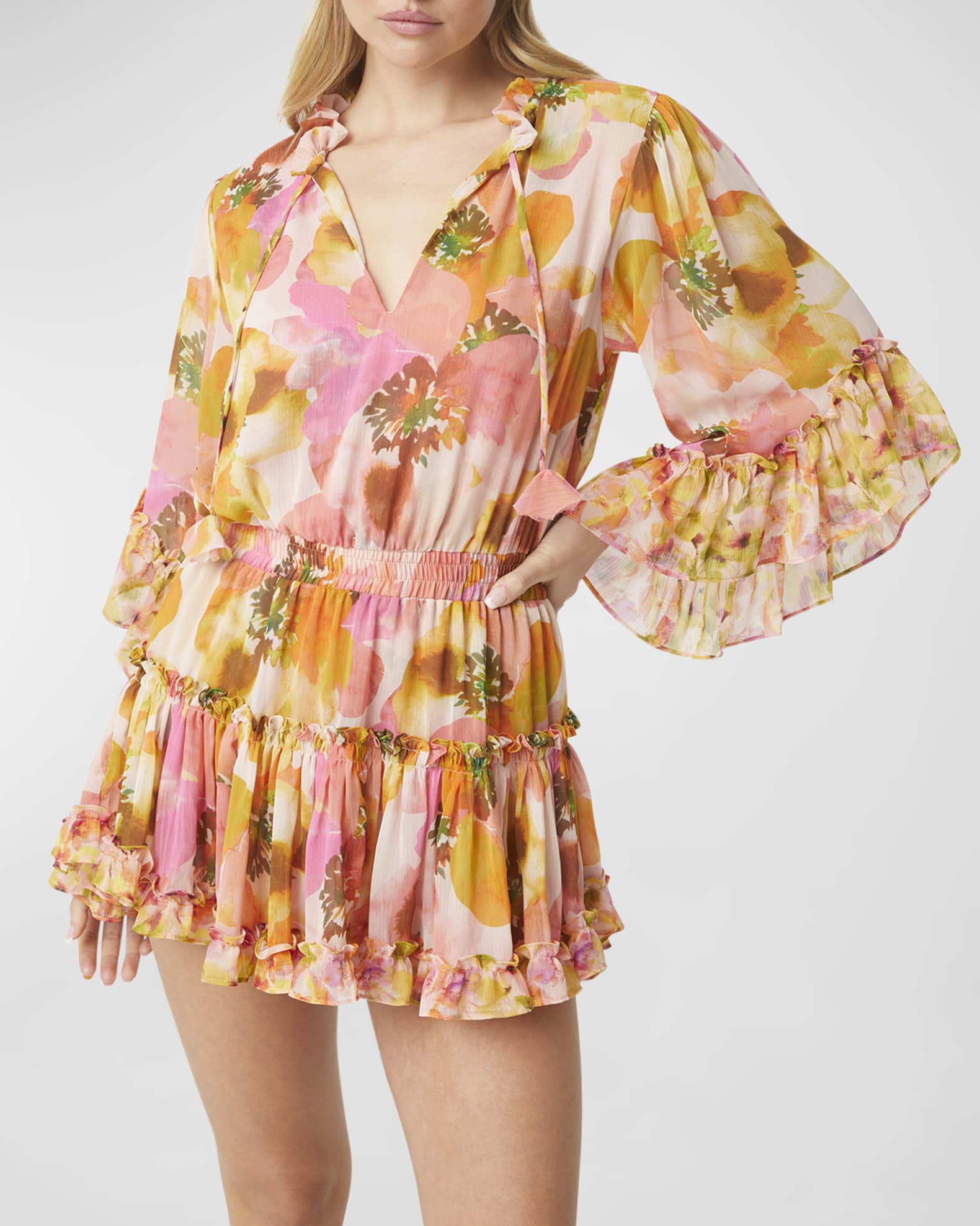 MISA Los Angeles Ximena Floral Chiffon Split-Neck Mini Dress | Neiman ...