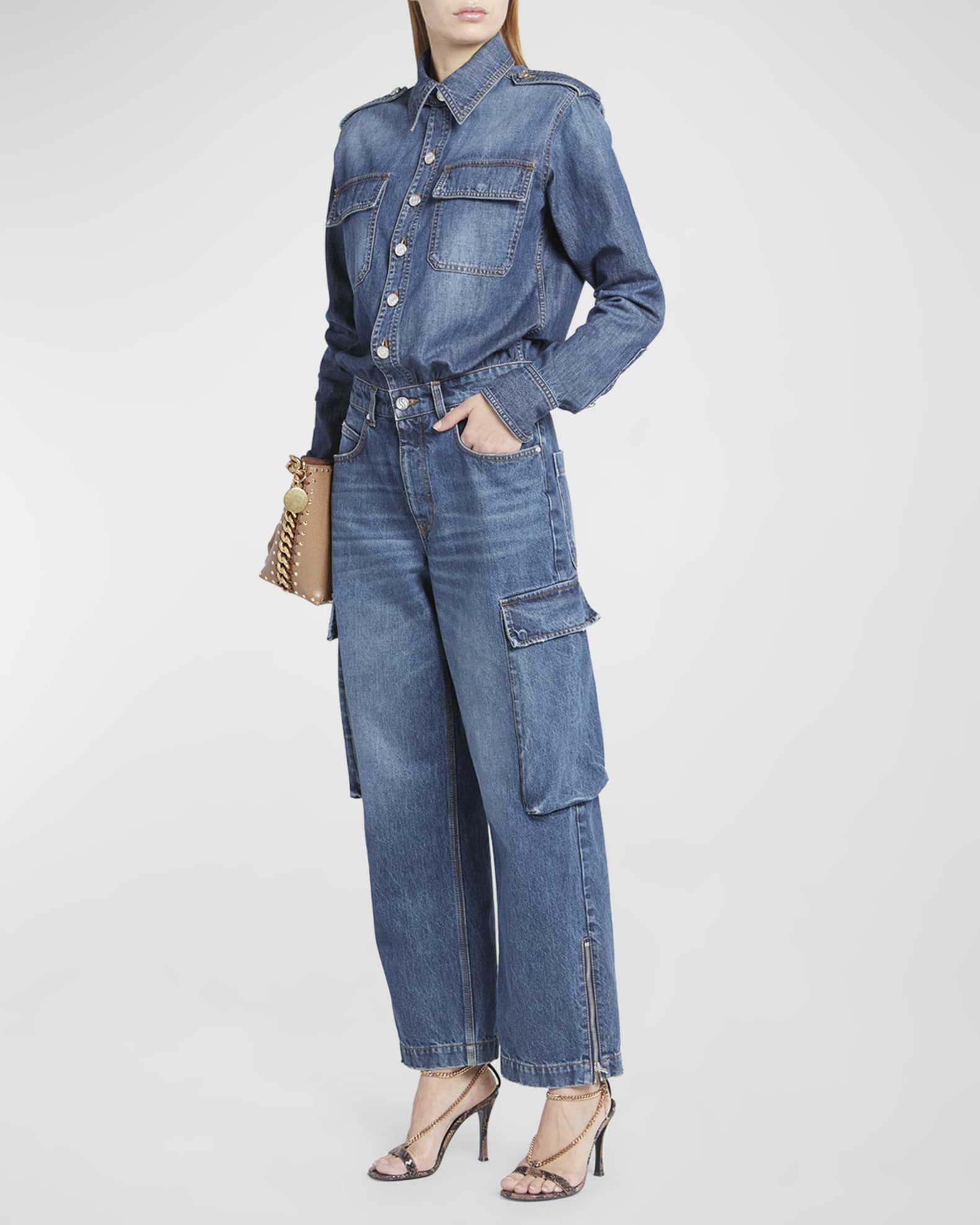 Stella McCartney Aio Dark Blue Vintage Denim Cargo Jumpsuit | Neiman Marcus