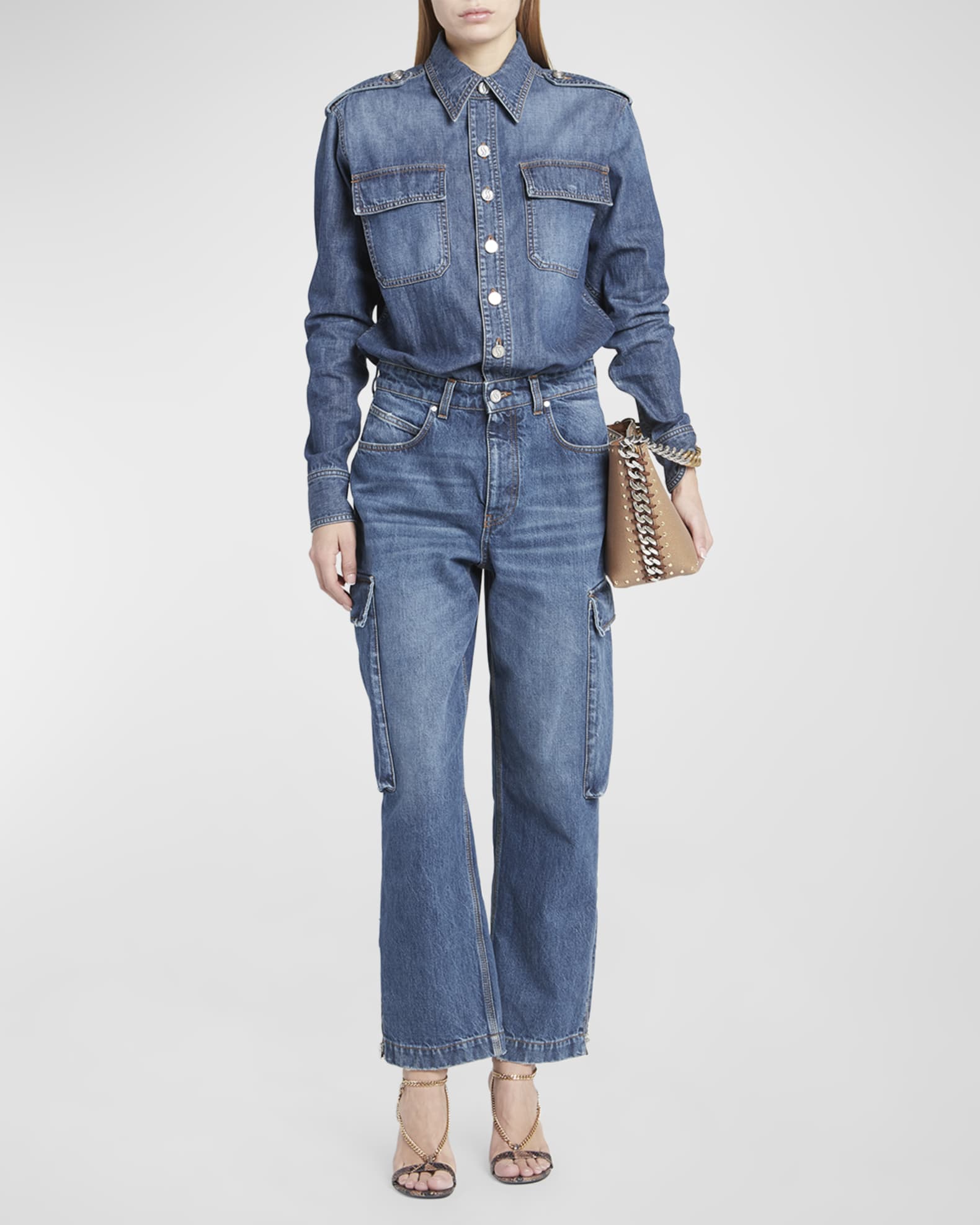 Stella McCartney Aio Dark Blue Vintage Denim Cargo Jumpsuit | Neiman Marcus