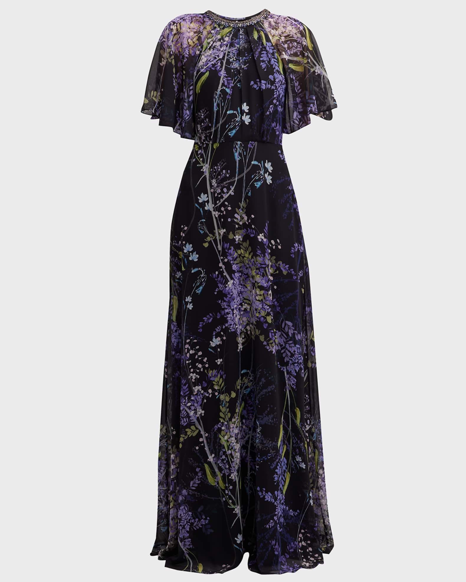Rickie Freeman for Teri Jon Pleated Floral-Print Capelet Chiffon Gown ...