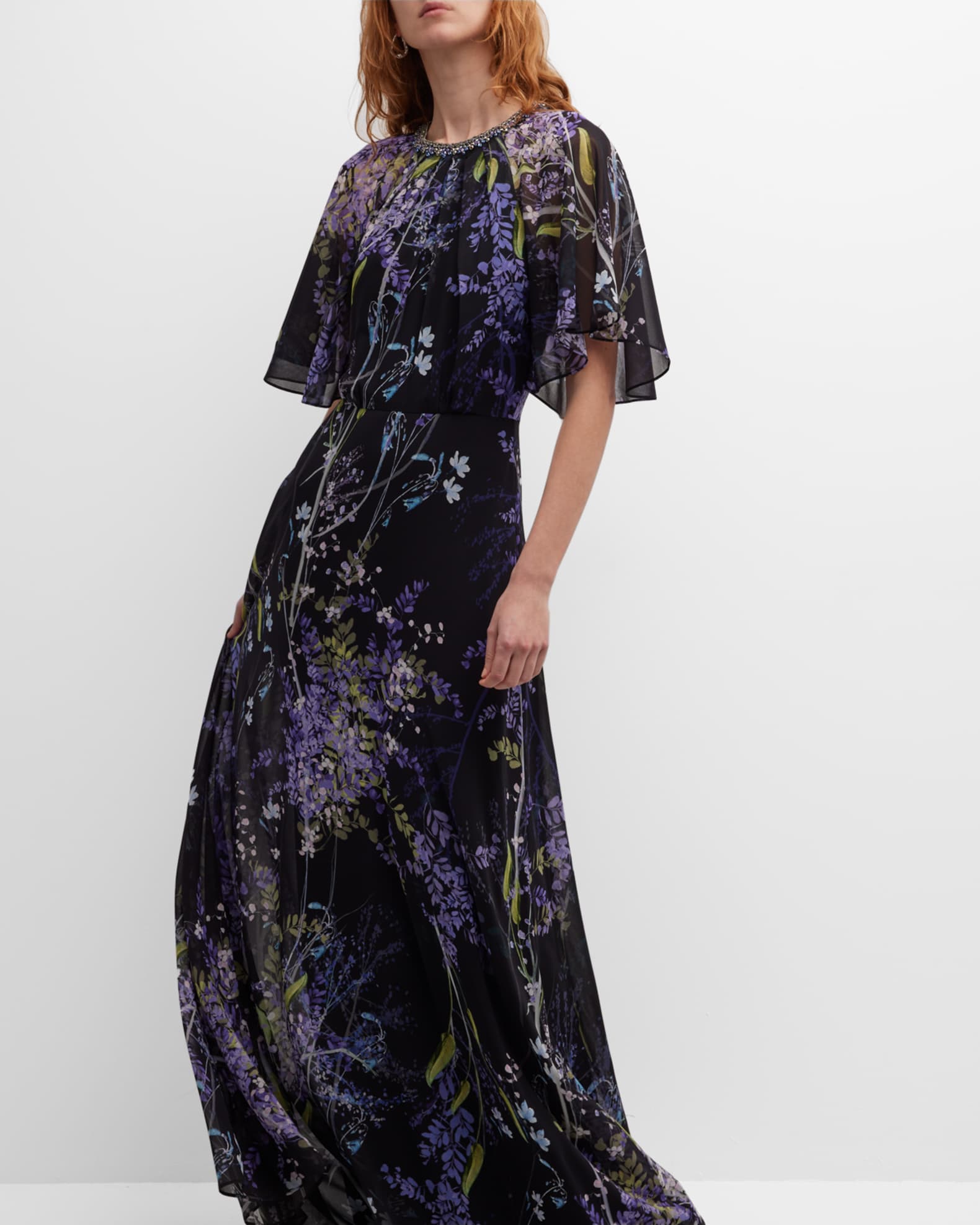 Rickie Freeman for Teri Jon Pleated Floral-Print Capelet Chiffon Gown ...
