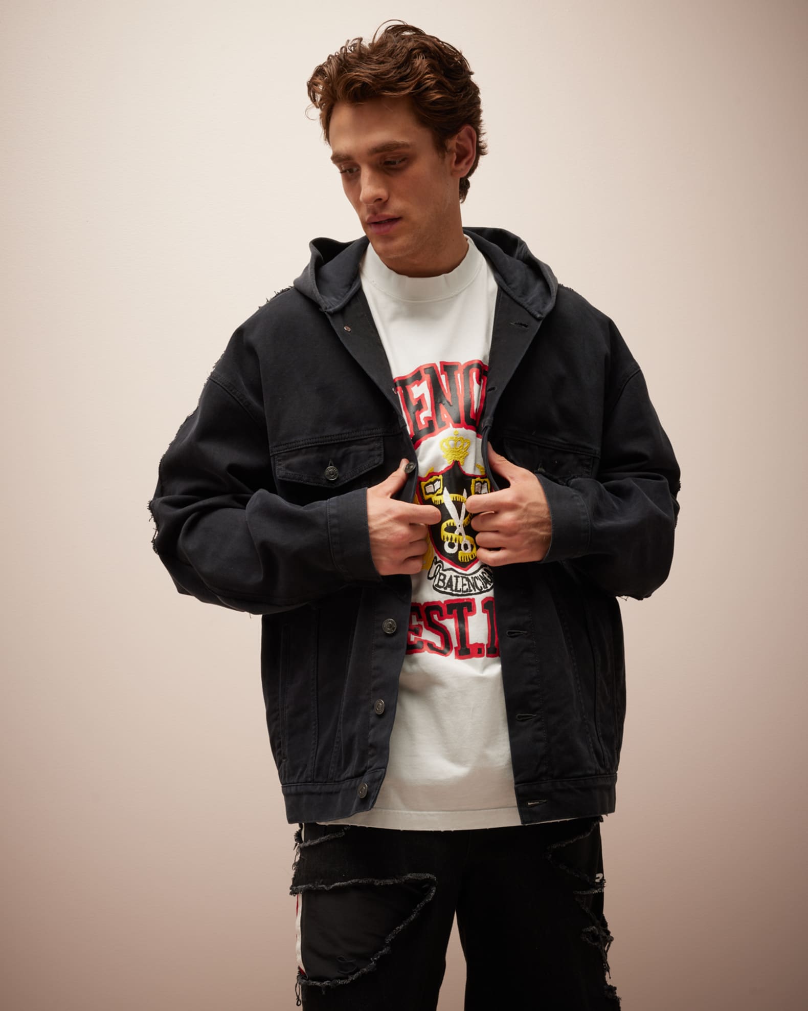 Balenciaga Men's Balenciaga Paris Hybrid Hooded Jacket | Neiman Marcus