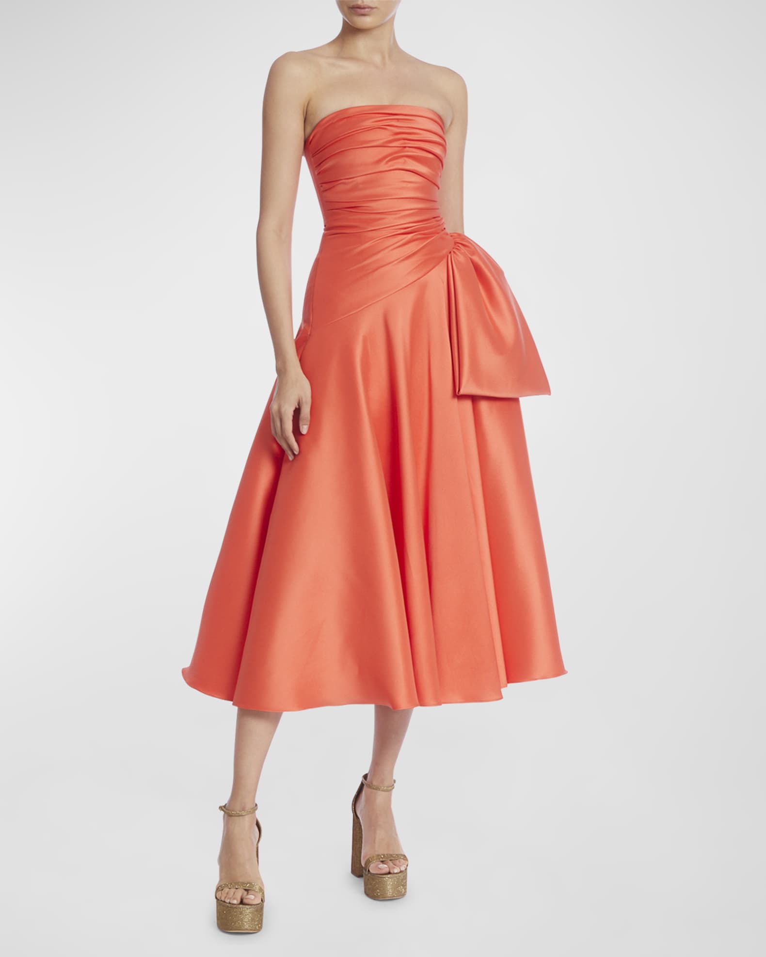 Badgley Mischka Collection Strapless Ruched Midi Dress Neiman Marcus