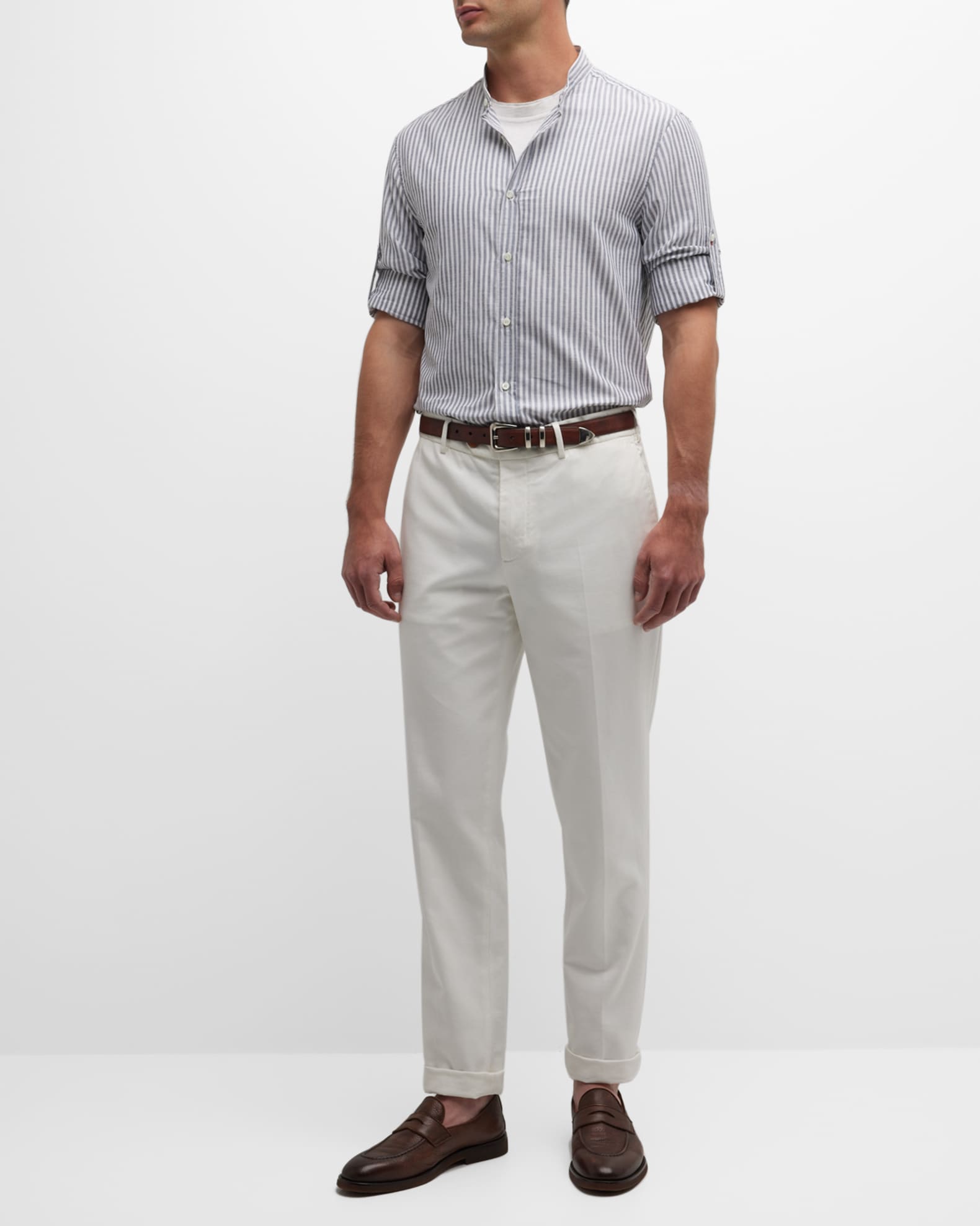 Brunello Cucinelli Men's Cotton-Linen Band Collar Sport Shirt | Neiman ...