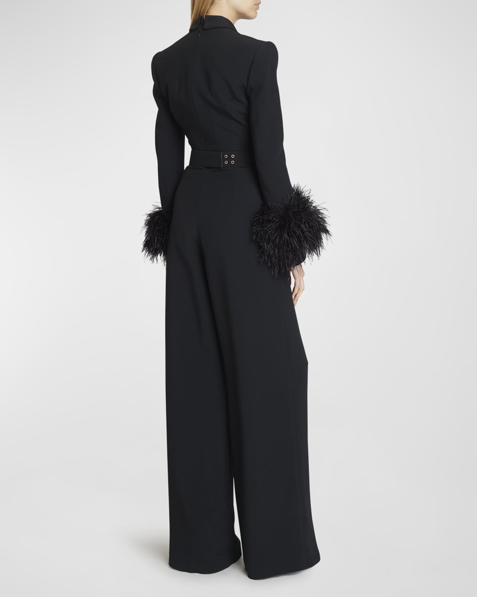 Andrew Gn Woven Belted Jumpsuit with Feather Cuffs and Crystal Detail ...