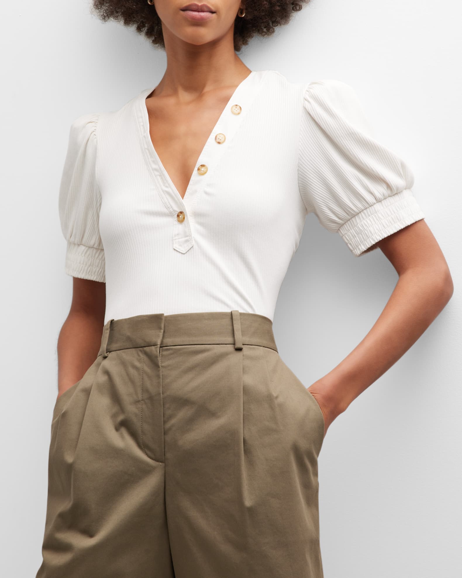 Derek Lam 10 Crosby Heather V-Neck Puff-Sleeve Top | Neiman Marcus
